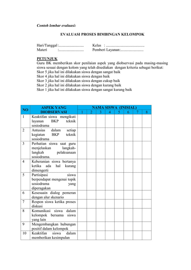 Contoh lembar instrumen evaluasi bkp | PDF