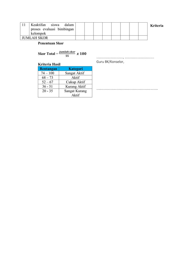 Contoh lembar instrumen evaluasi bkp | PDF