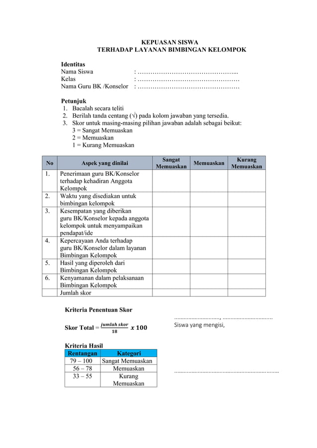 Contoh lembar instrumen evaluasi bkp | PDF