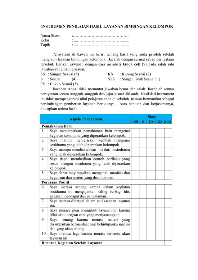 Contoh lembar instrumen evaluasi bkp | PDF