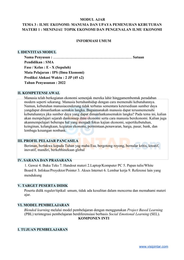 Modul Ajar Ekonomi SMA Kelas 10 Kurikulum Merdeka | DOCX