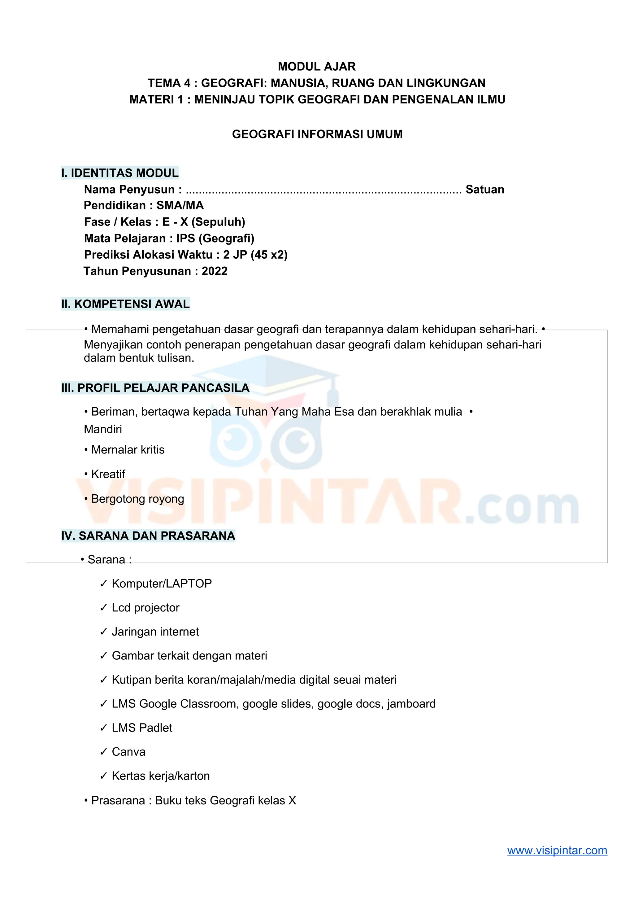 Modul Ajar Geografi SMA Kelas 10 Kurikulum Merdeka | DOCX