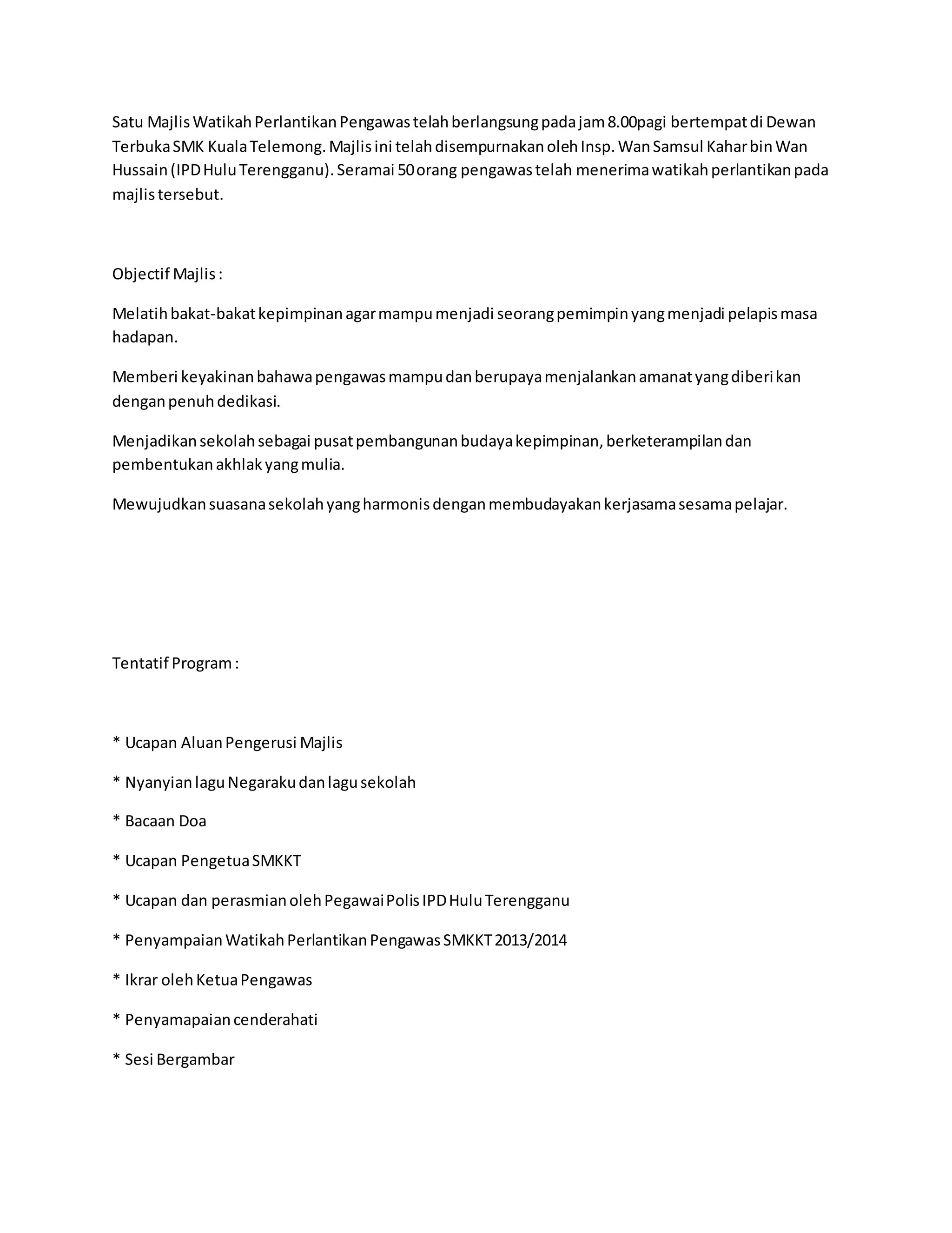 Contoh majlis watikah perlantikan pengawas | DOCX