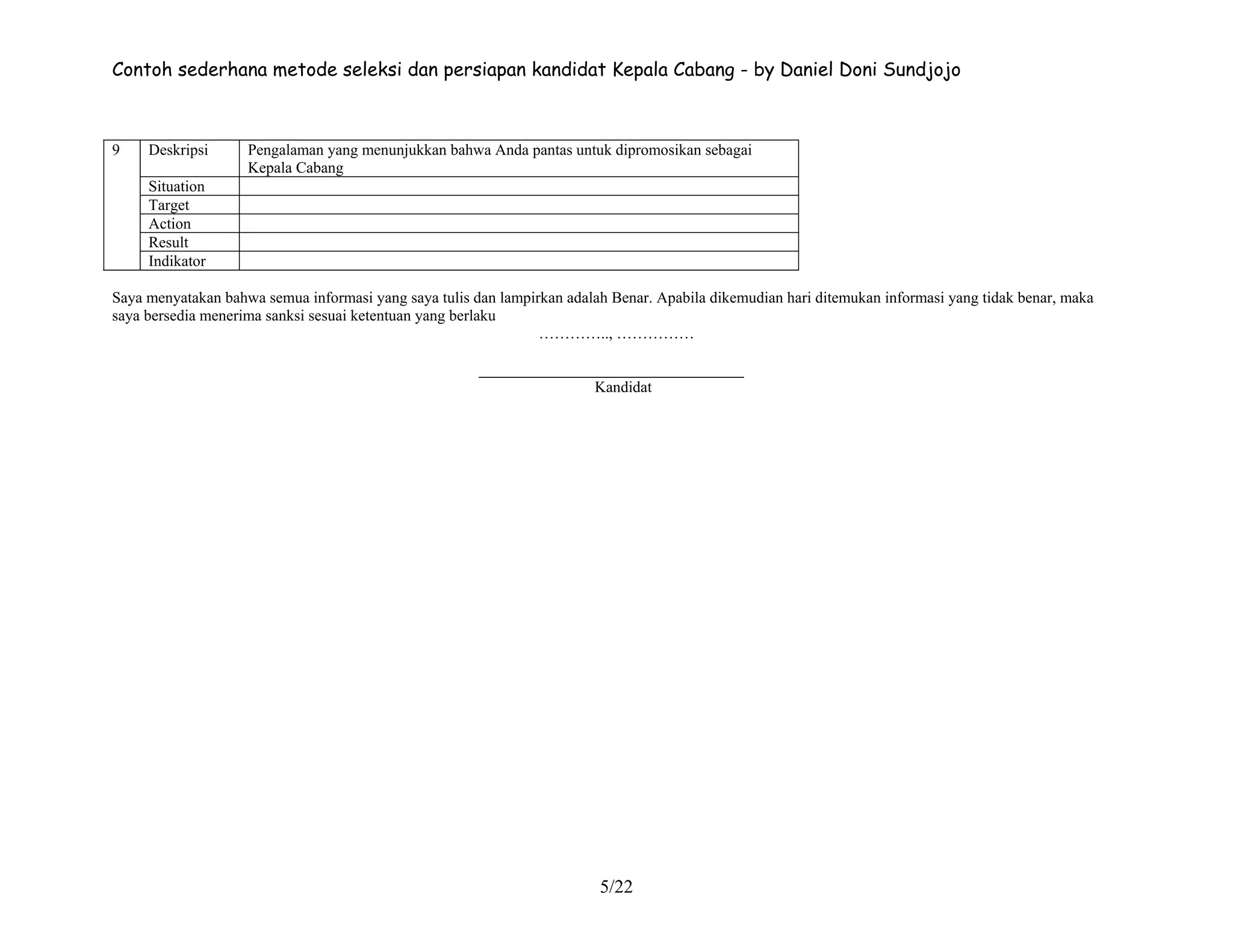Contoh metode seleksi dan persiapan kepala cabang by daniel doni s | PDF