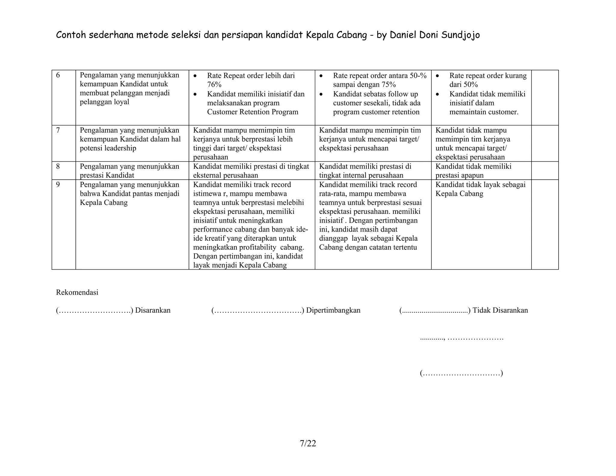 Contoh metode seleksi dan persiapan kepala cabang by daniel doni s | PDF