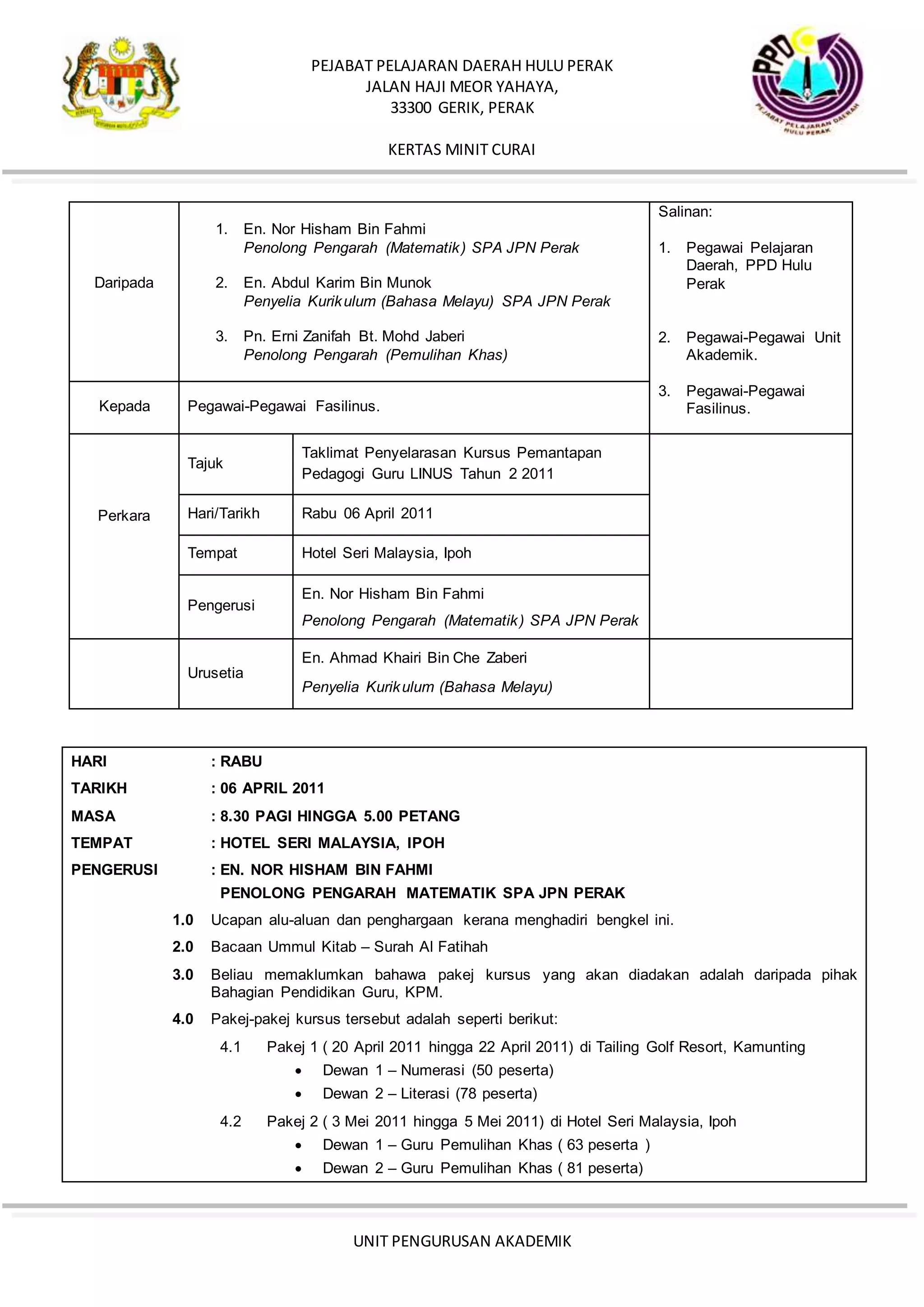 Contoh minit curai taklimat | DOCX
