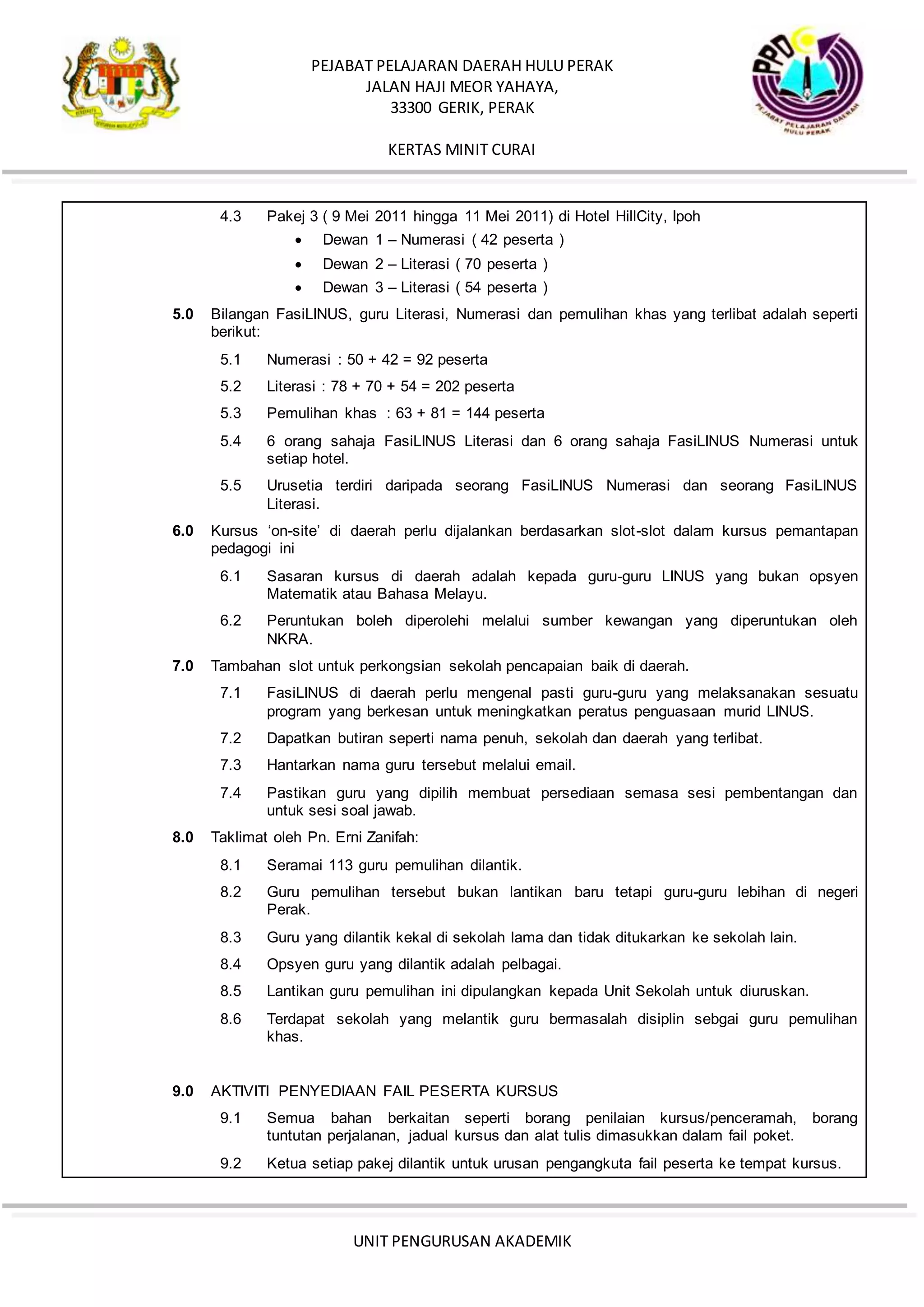 Contoh minit curai taklimat | DOCX