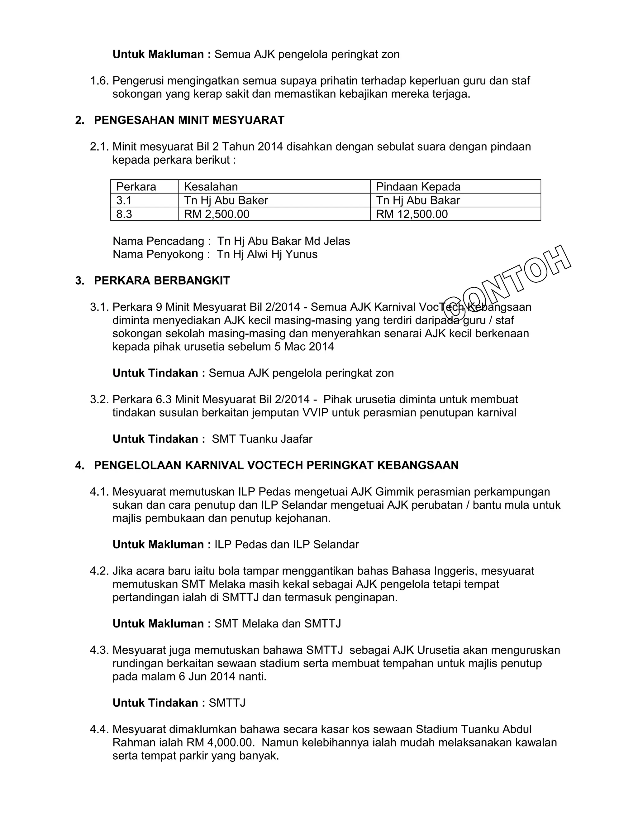 Contoh minit mesyuarat | DOC