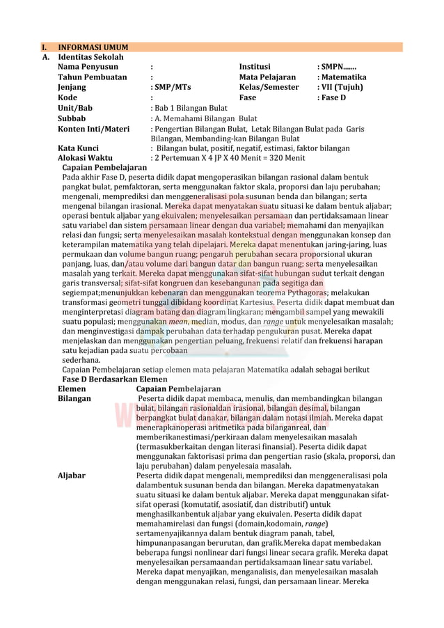 Modul Ajar Matematika Kelas 7 Revisi 2024 | PDF