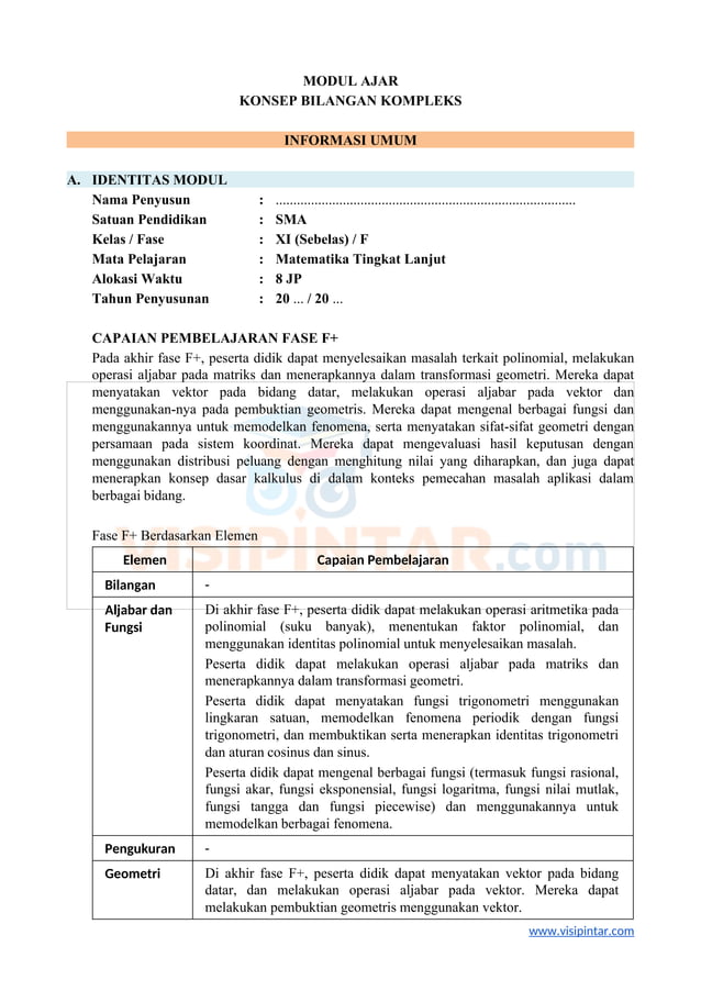 Modul Ajar Matematika Tingkat Lanjut SMA Kelas 11 Kurikulum Merdeka | DOCX