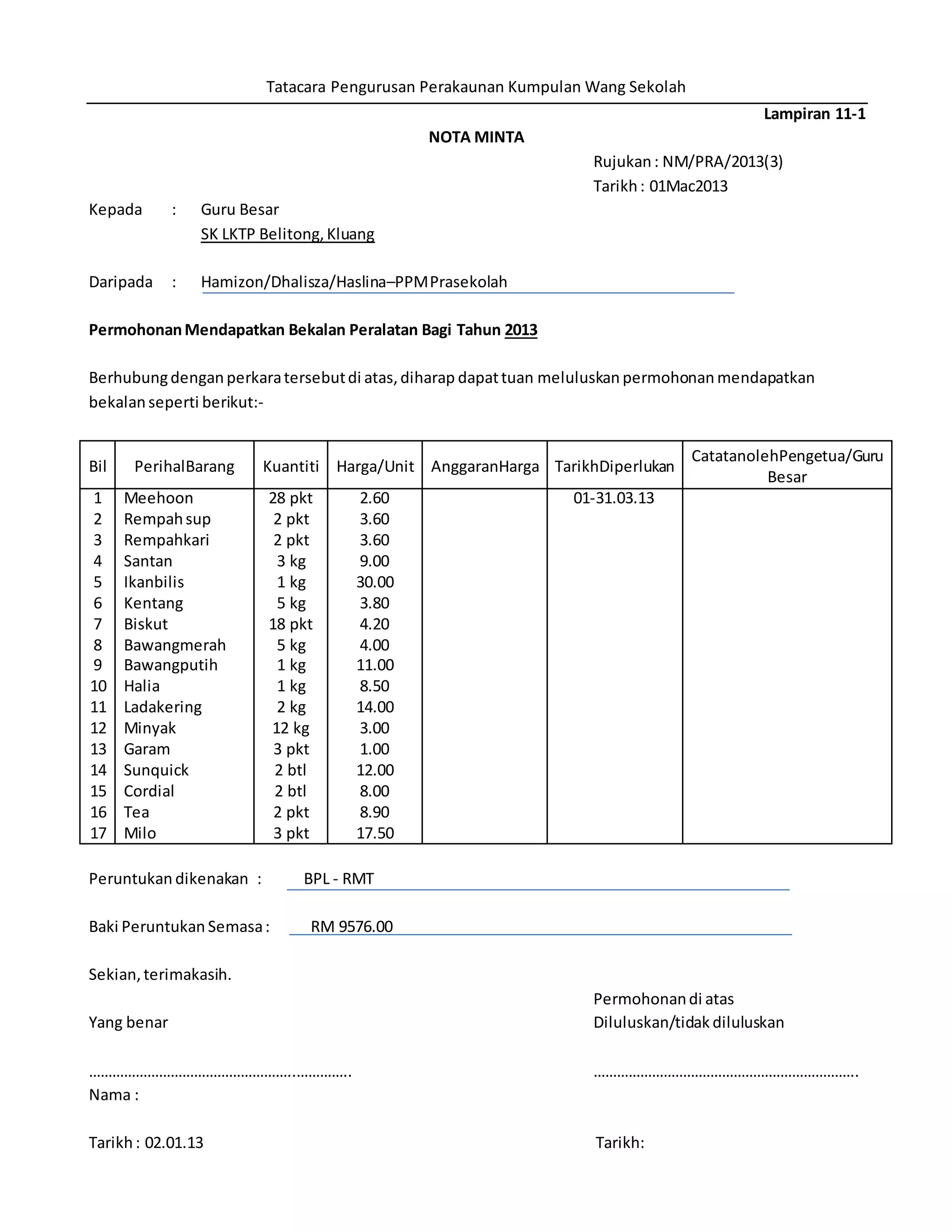 Contoh nota minta | DOCX