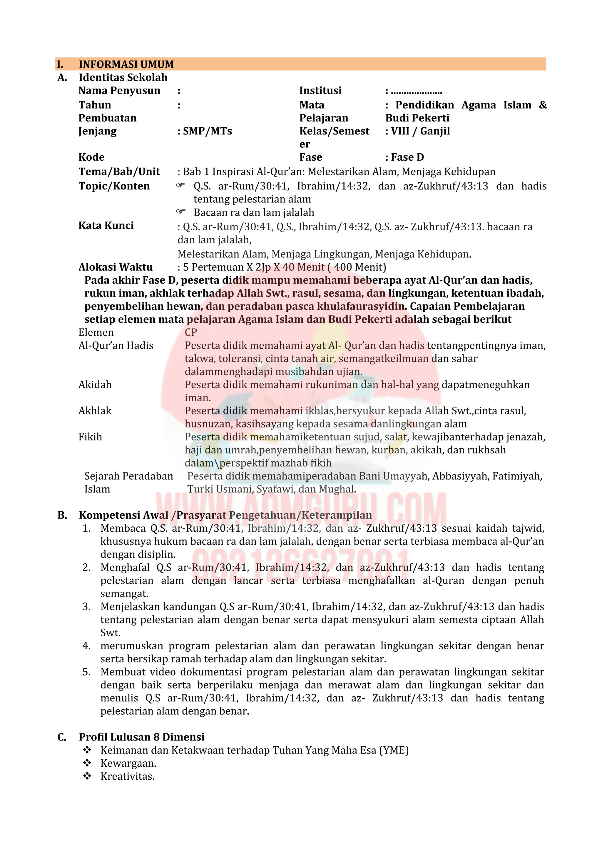 Modul Ajar PAI Kelas 8 Deep Learning New | PDF