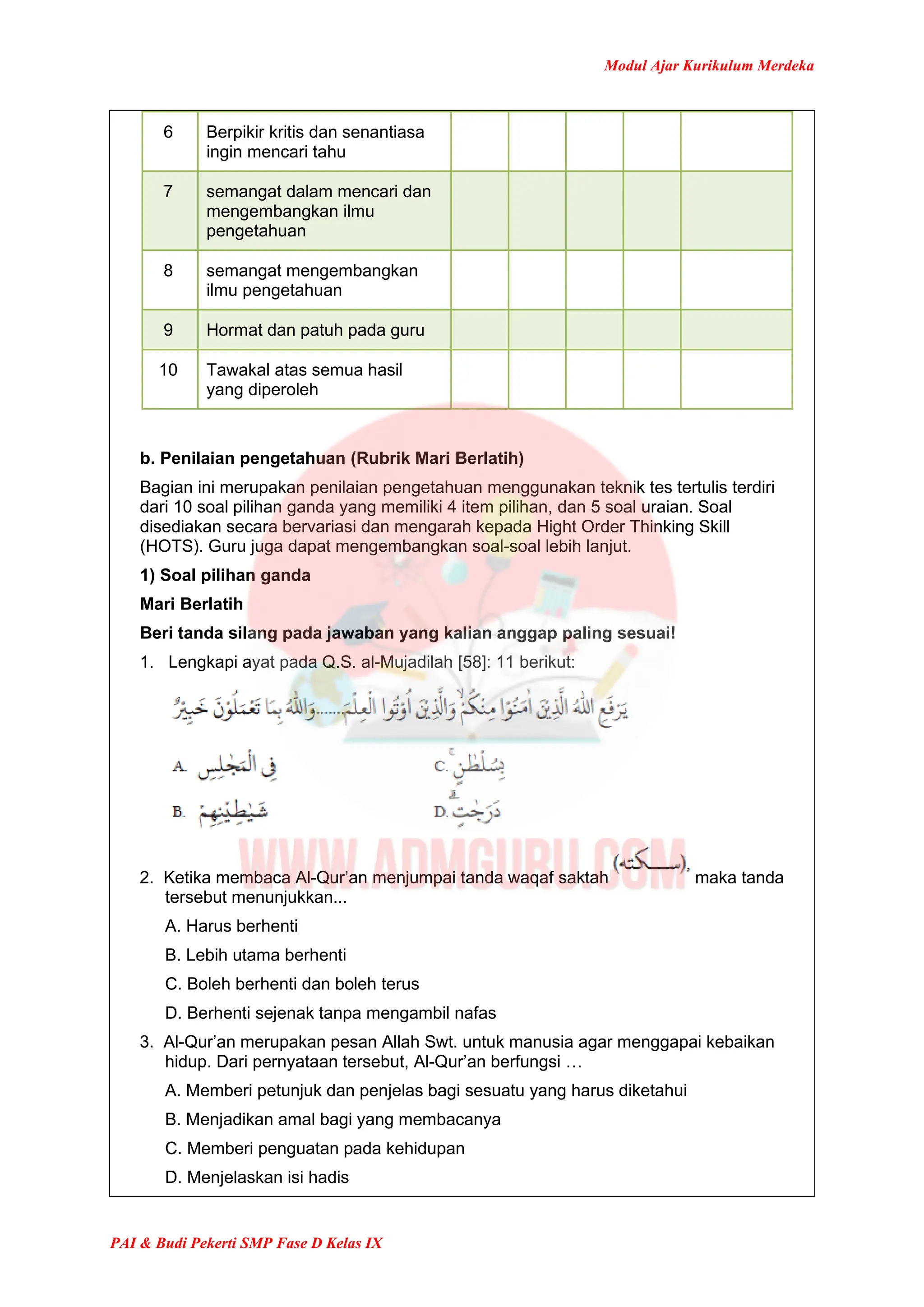 Modul Ajar PAI Kelas 9 Kurikulum Merdeka | PDF