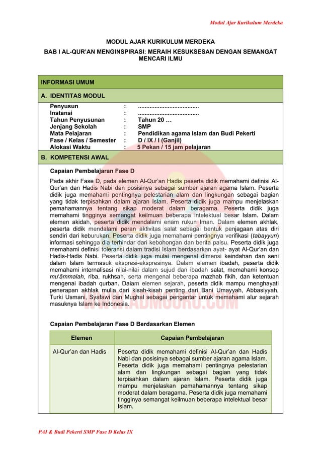 Modul Ajar PAI Kelas 9 Kurikulum Merdeka | PDF