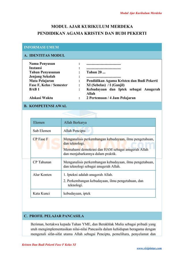 Modul Ajar PAK SMA Kelas 11 Kurikulum Merdeka | DOCX