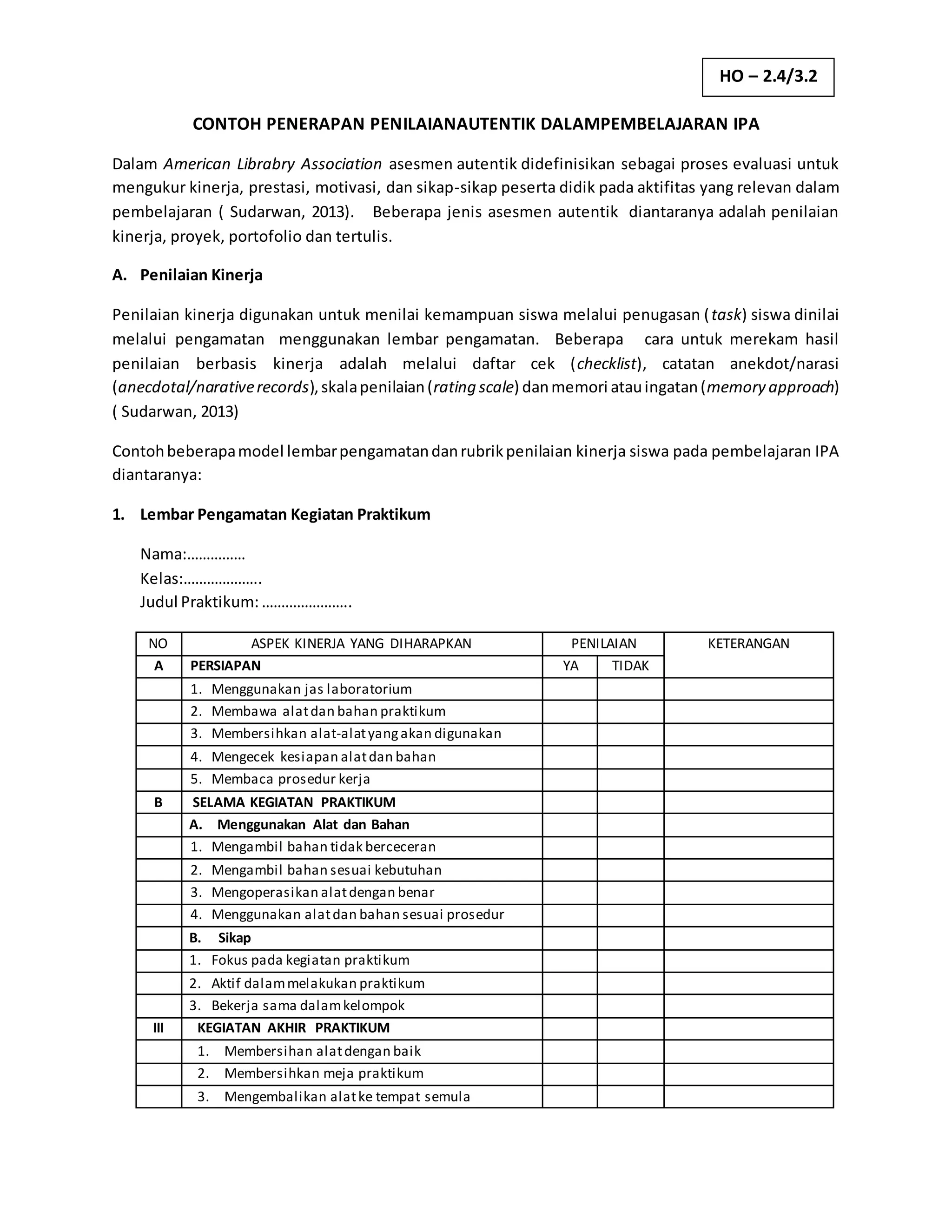 Contoh penerapan penilaianautentik dalampembelajaran ipa | DOCX