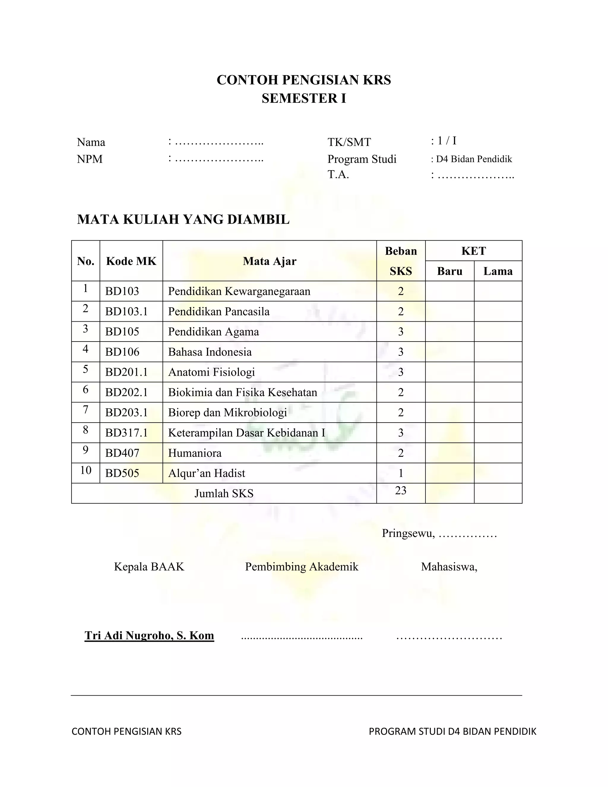 Contoh pengisian krs d4 bidan pendidik | PDF