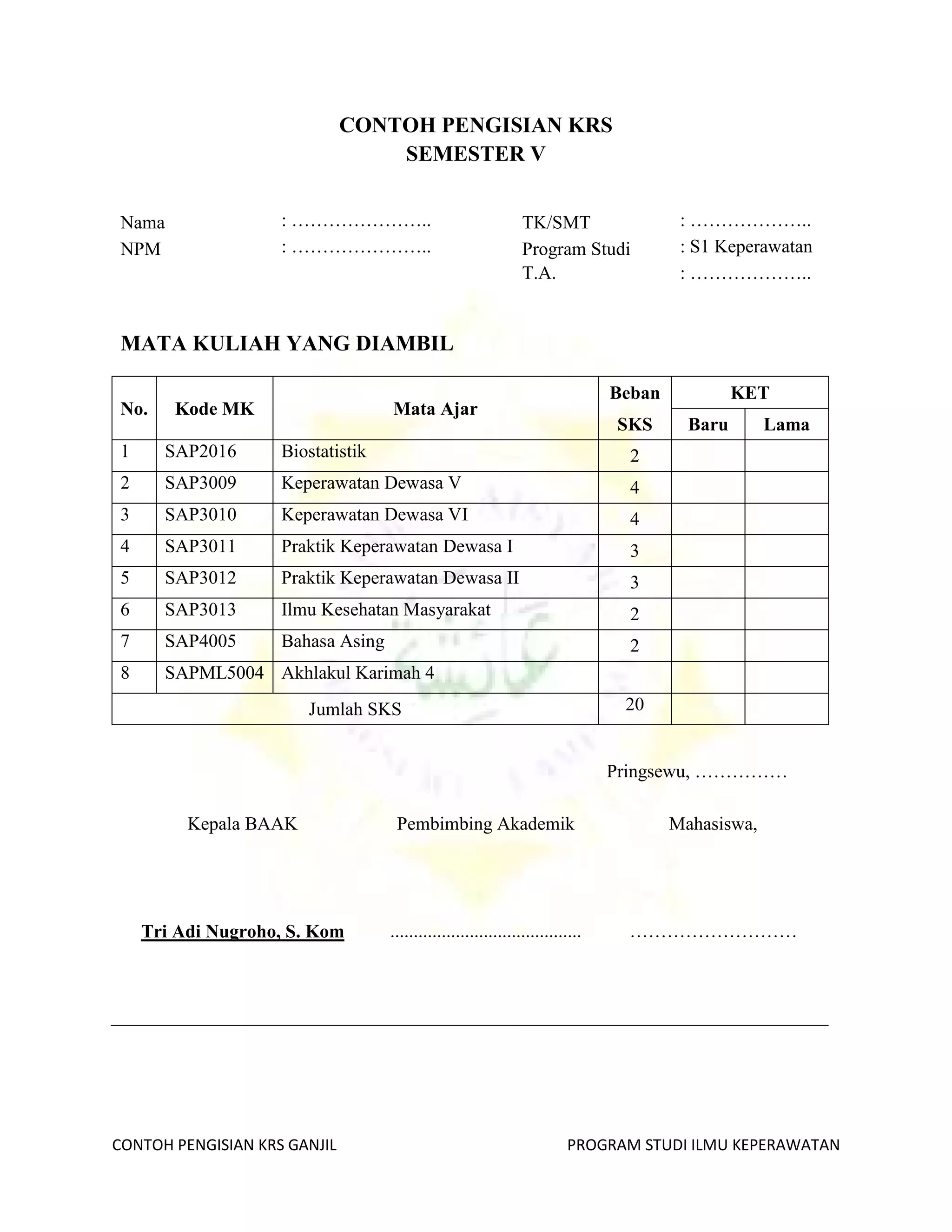Contoh pengisian krs s1 keperawatan | PDF