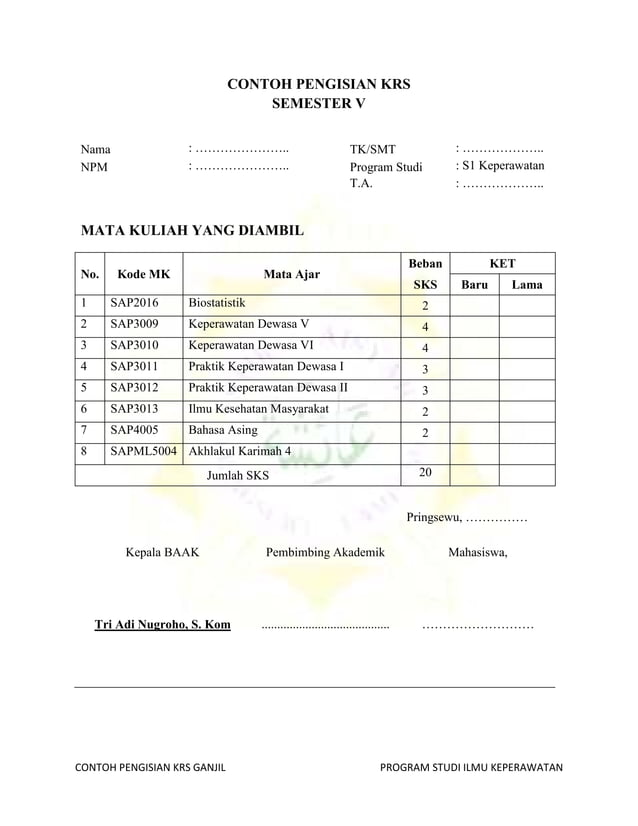 Contoh pengisian krs s1 keperawatan | PDF