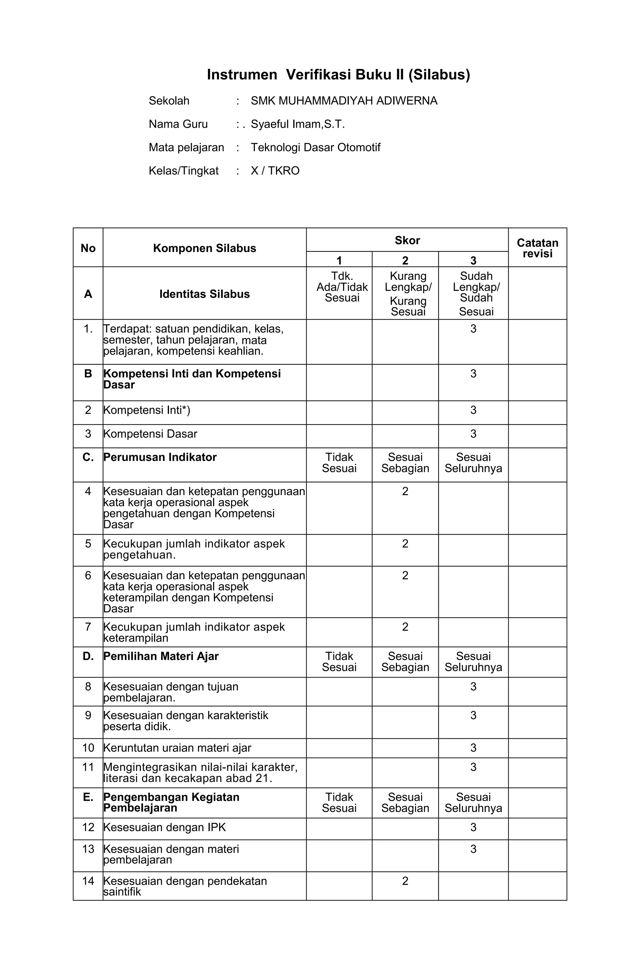 Contoh pensekoran lembar verifikasi | DOC