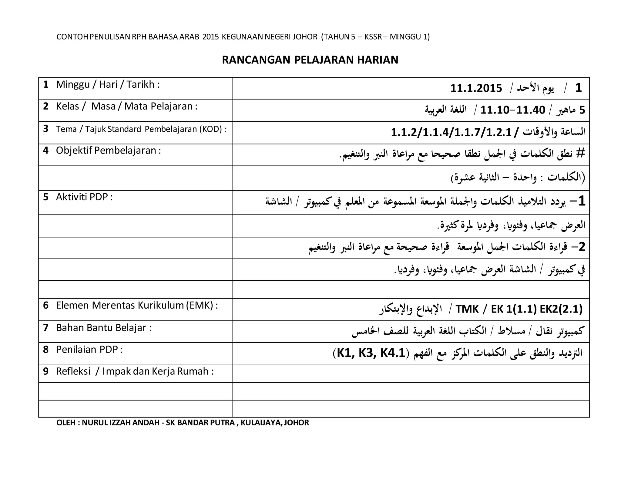 Contoh penulisan rph bahasa arab 2015 kegunaan negeri johor thn 5 m1 ...