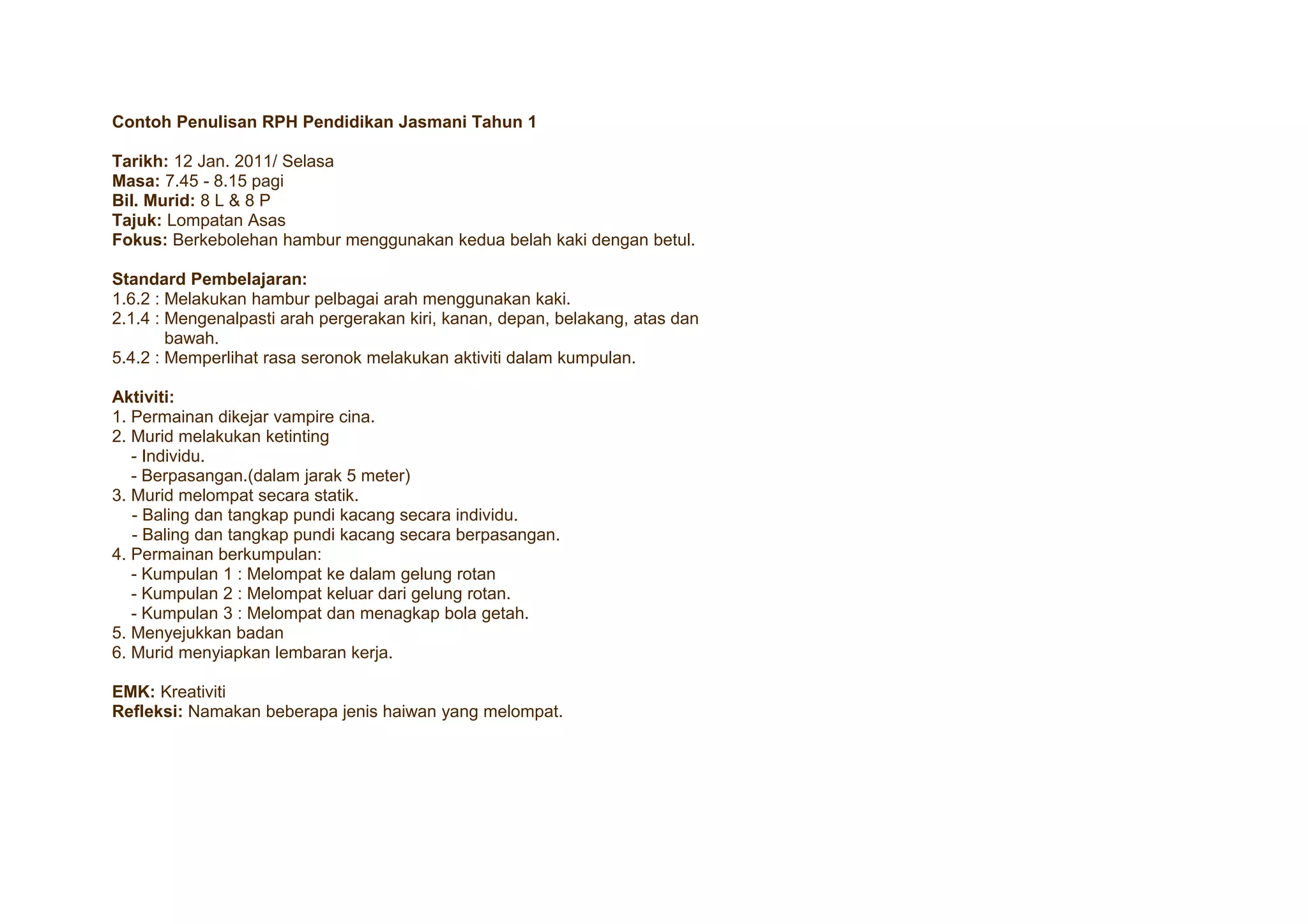 Contoh penulisan rph pendidikan jasmani tahun 1 | DOC