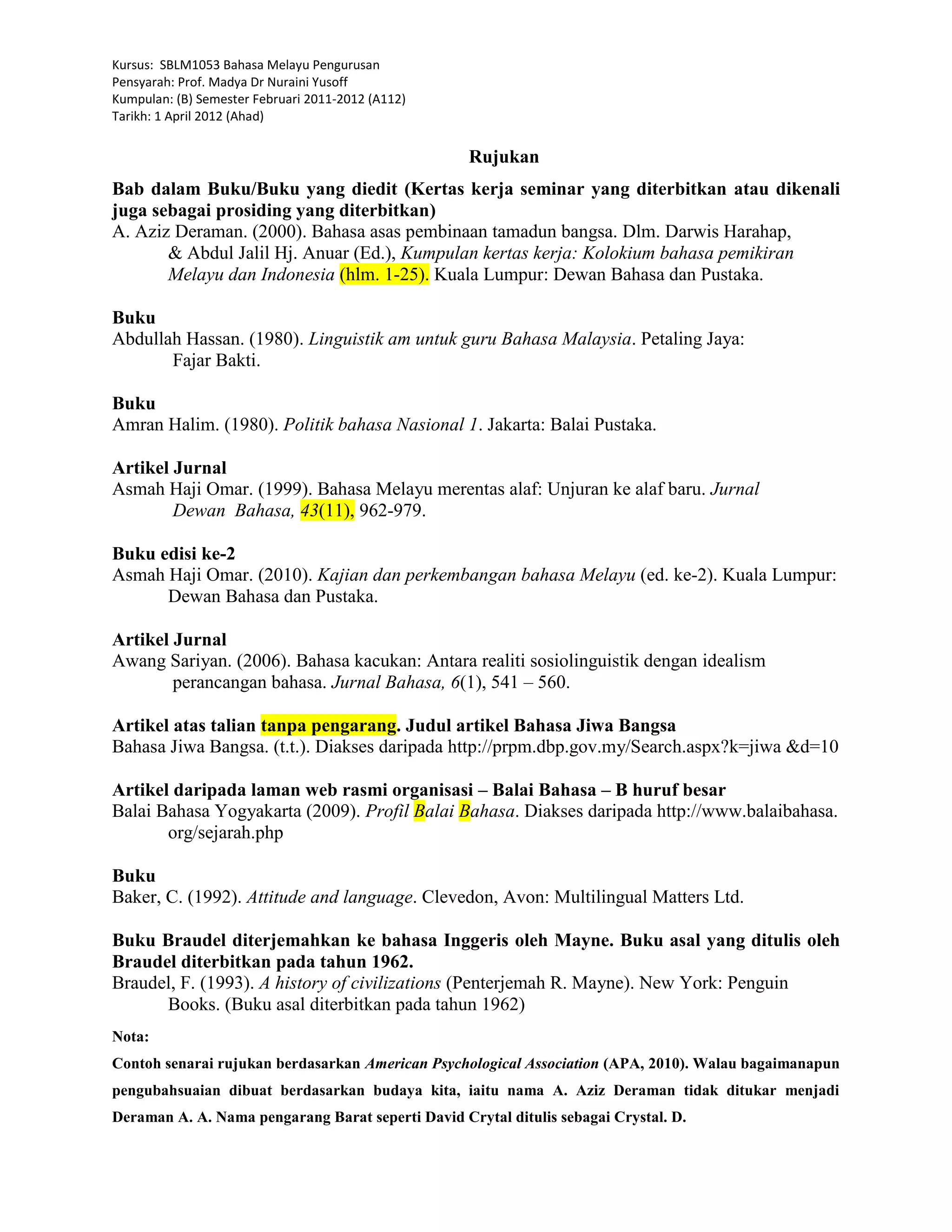 Contoh penulisan rujukan (APA) | PDF