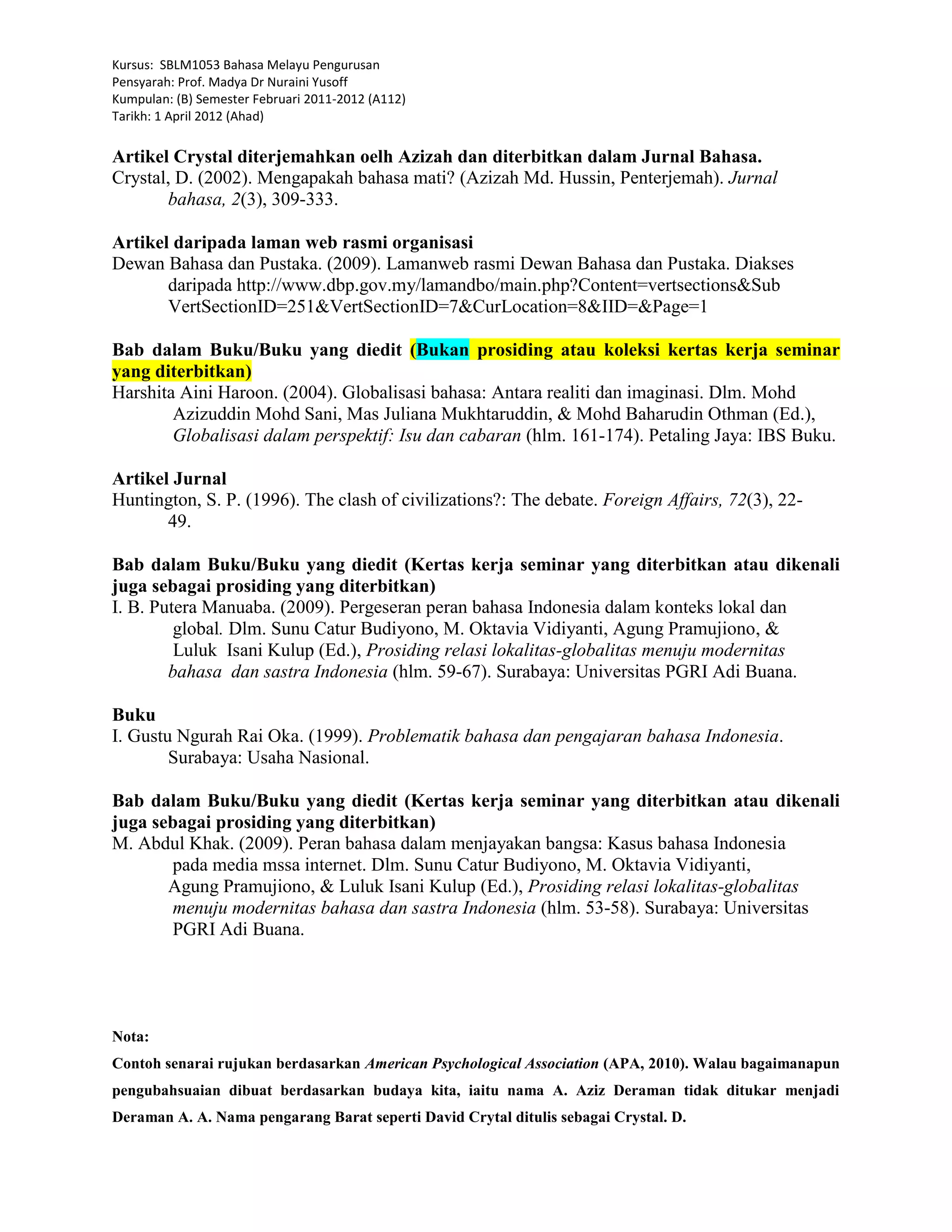 Contoh penulisan rujukan (APA) | PDF