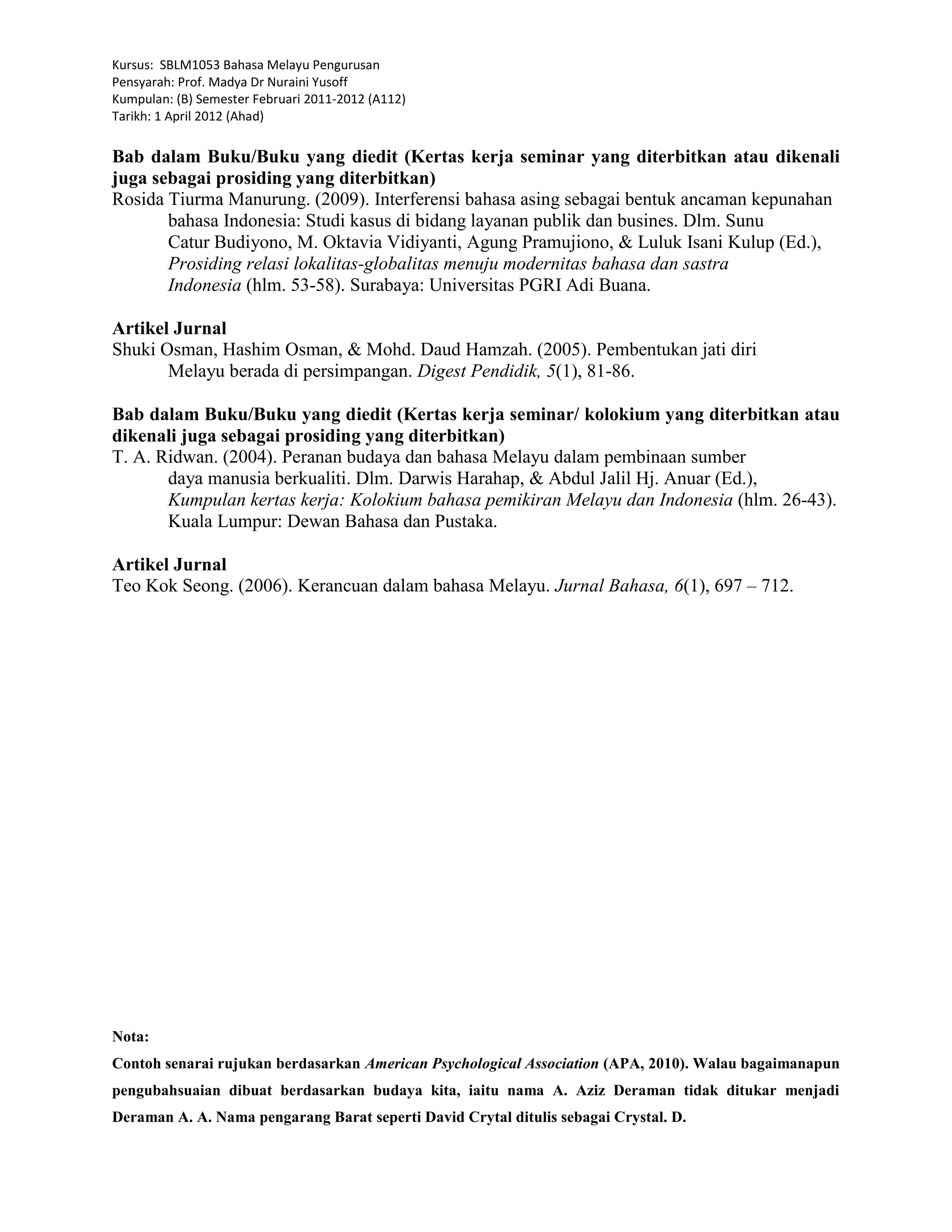 Contoh penulisan rujukan (APA) | PDF