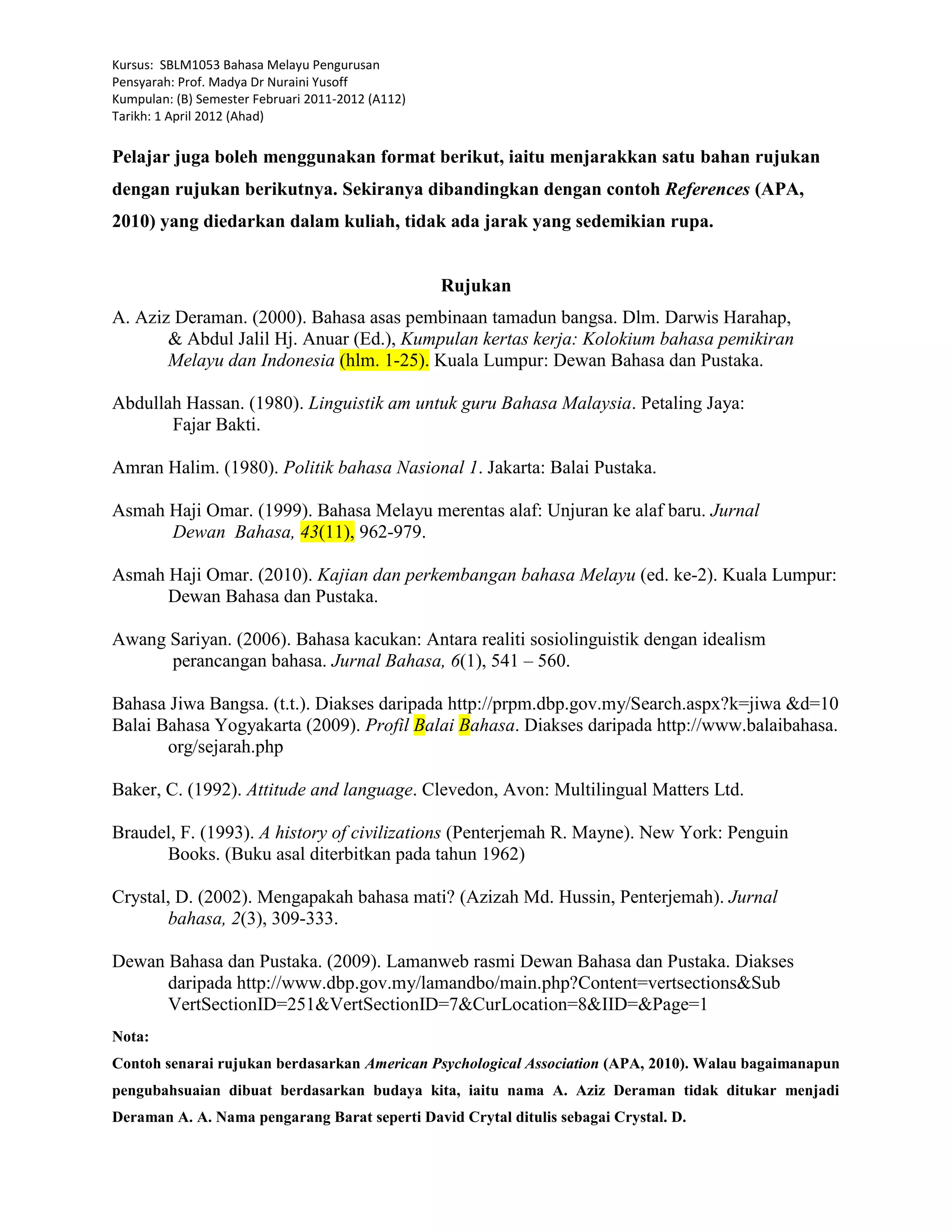 Contoh penulisan rujukan (APA) | PDF