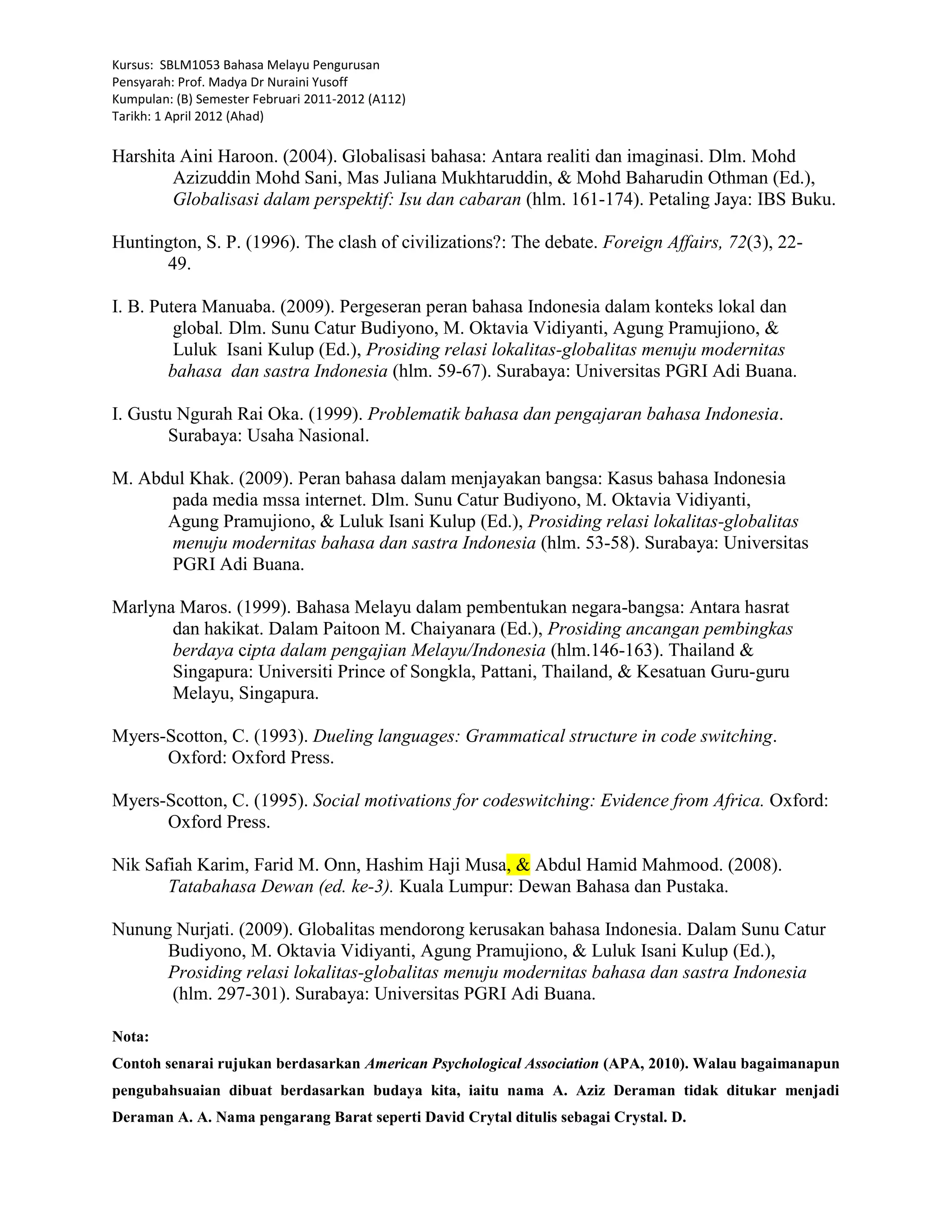 Contoh penulisan rujukan (APA) | PDF