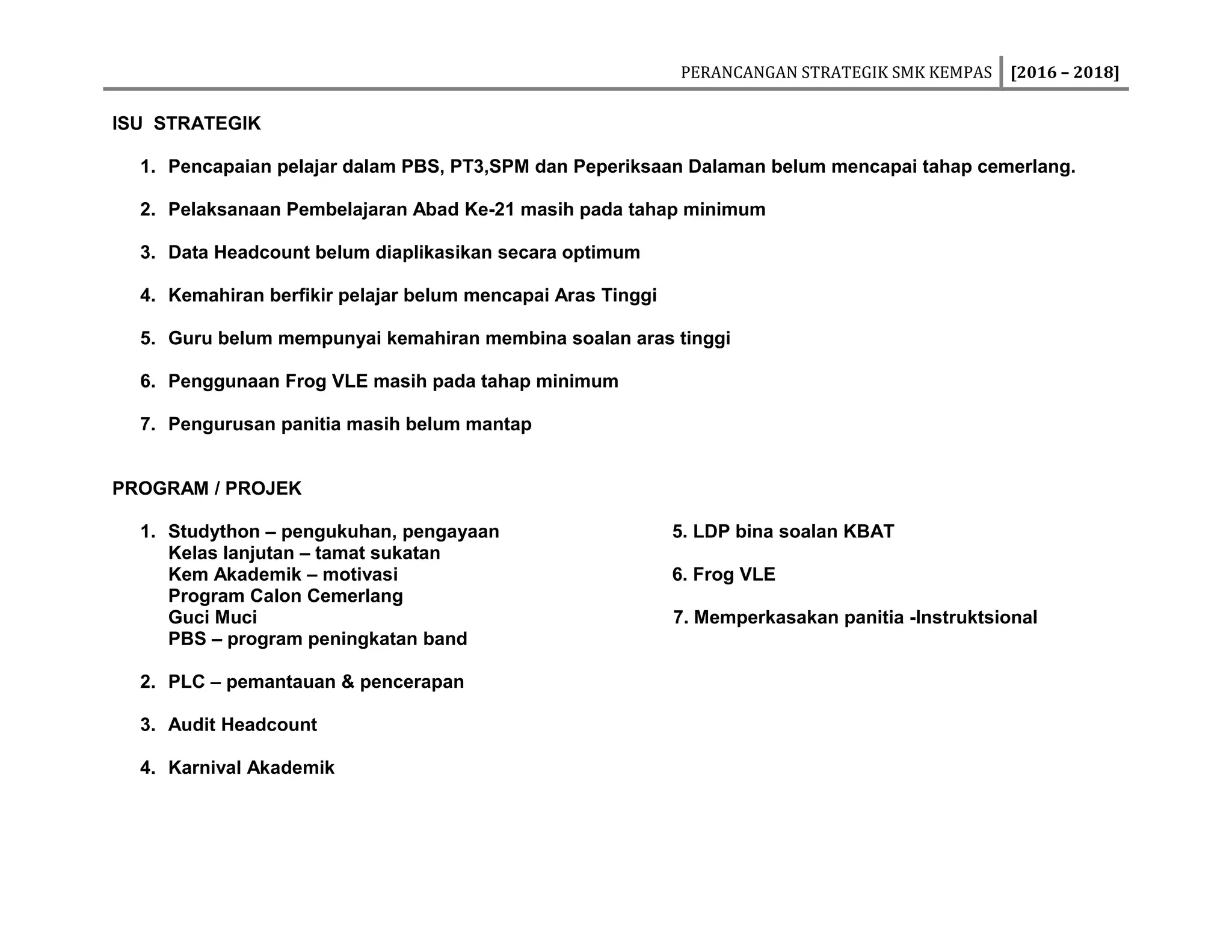 Contoh perancangan strategik 2016 2018 | DOC