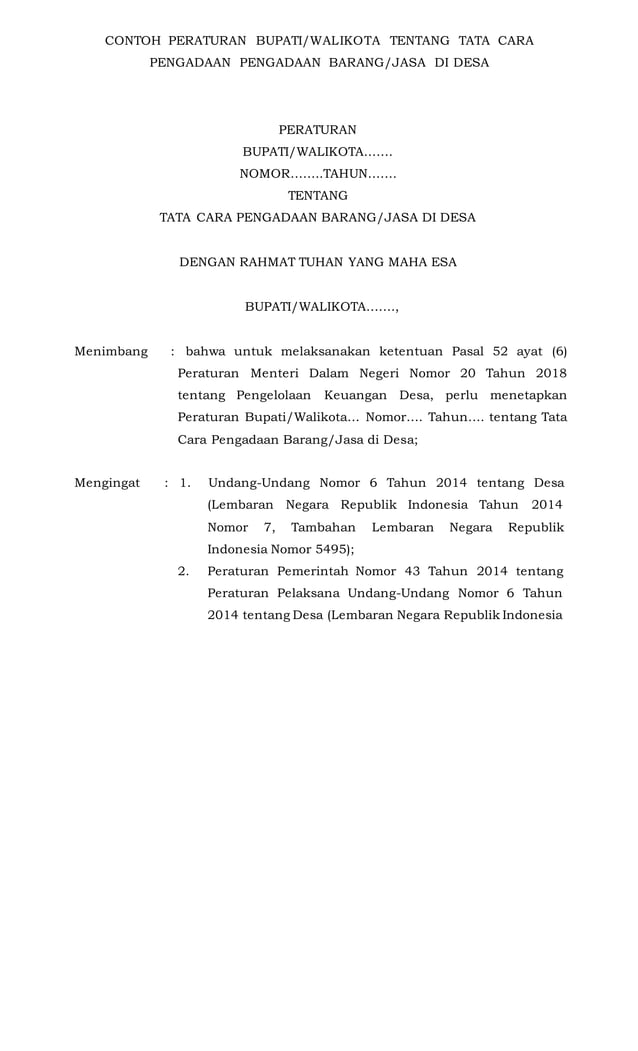Contoh peraturan bupati ttg pengadaan barang dan jasa di desa terbaru | DOC