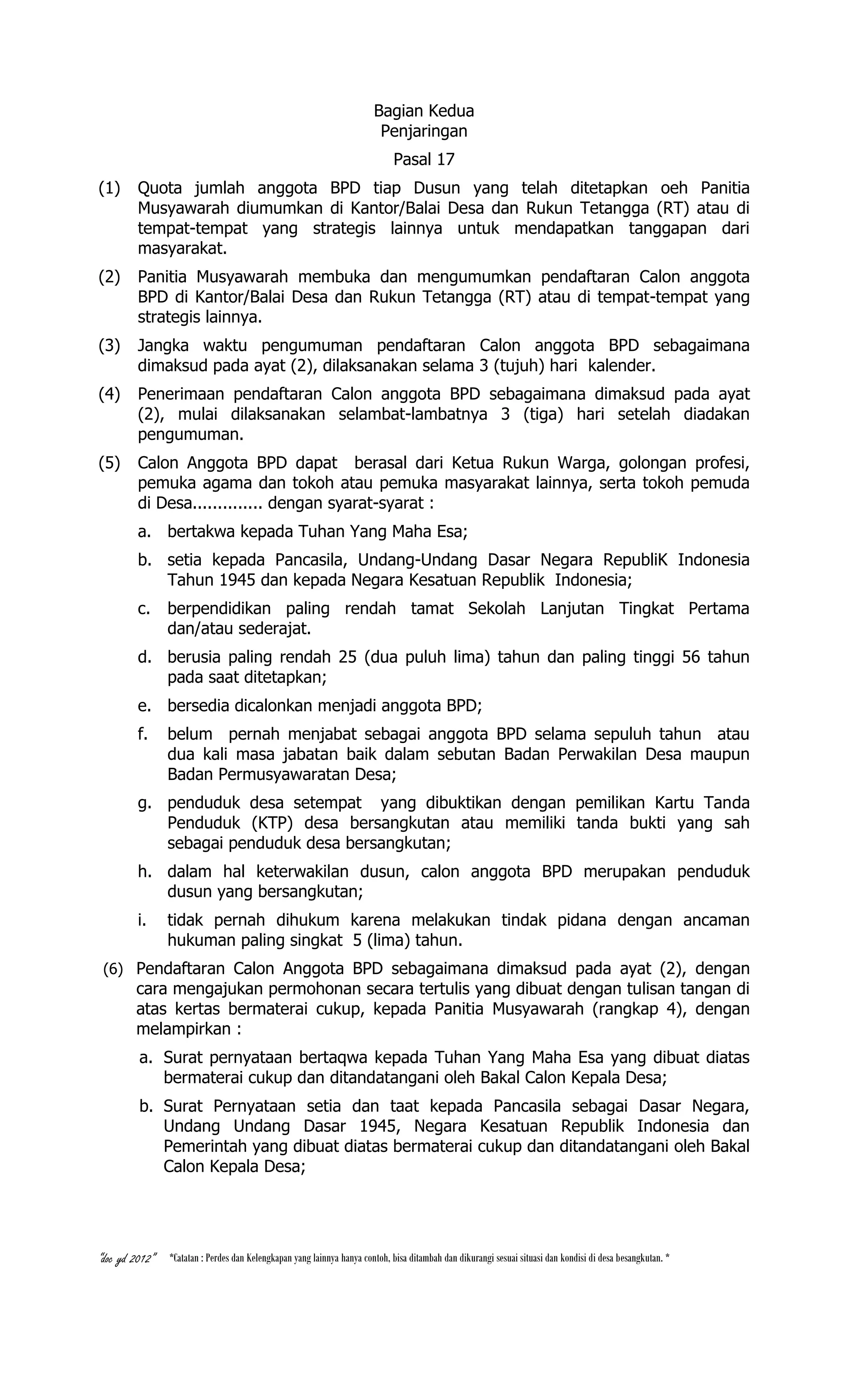 Contoh Peraturan Desa tentang BPD | PDF