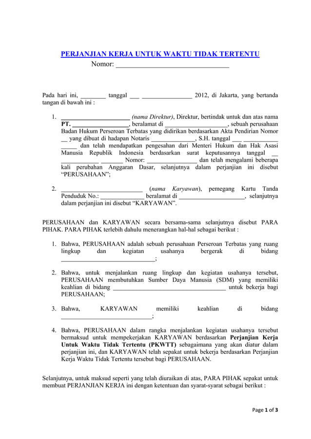 CONTOH Perjanjian Kerja PKWTT dan PKWT | PDF