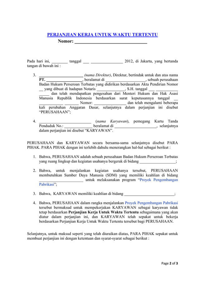 CONTOH Perjanjian Kerja PKWTT dan PKWT | PDF
