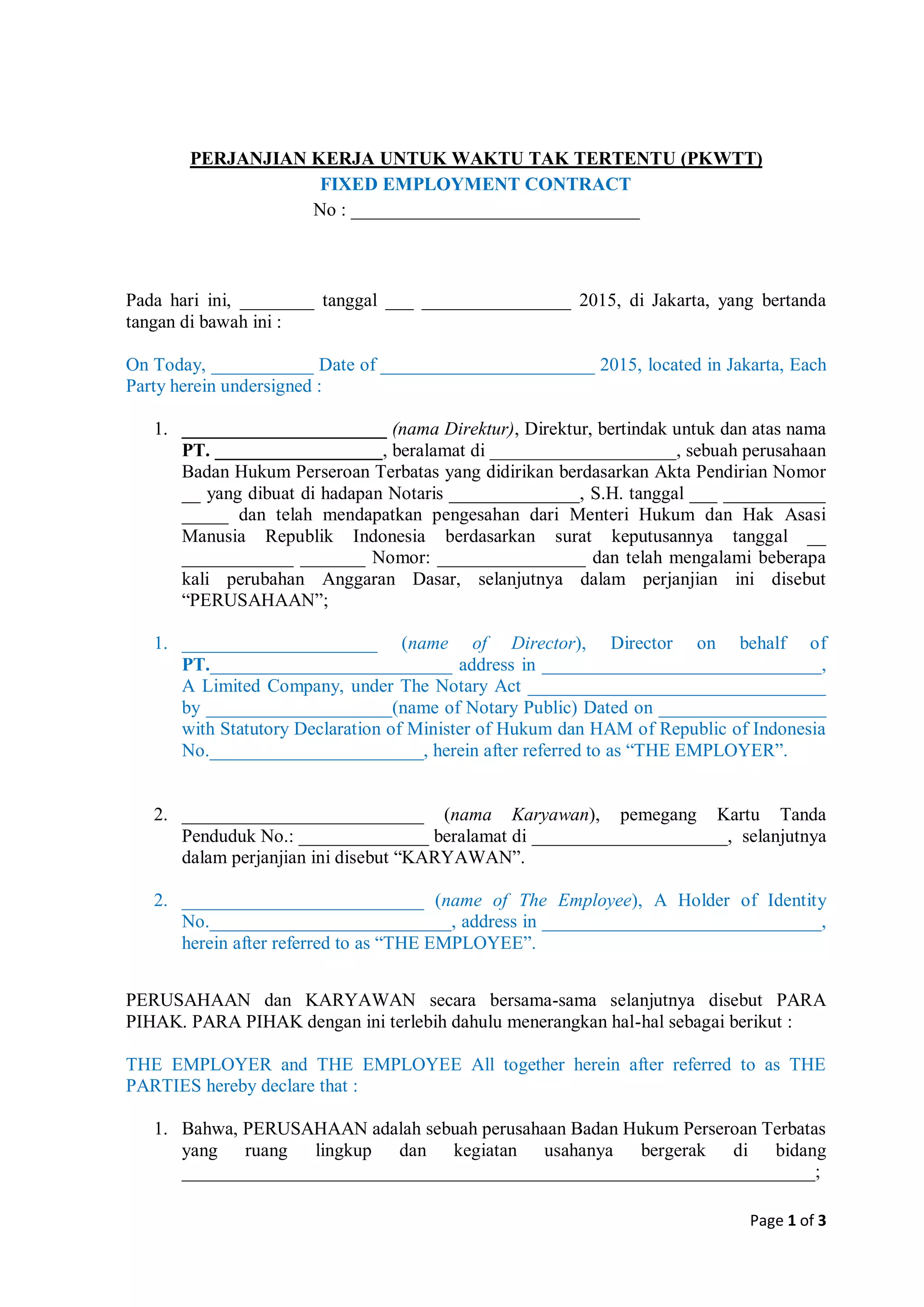 Contoh Perjajnjian Kerja Tetap Bilingual ( 2 Bahasa ) | PDF