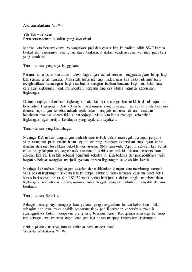 Contoh pidato cilik kebersiahan | PDF