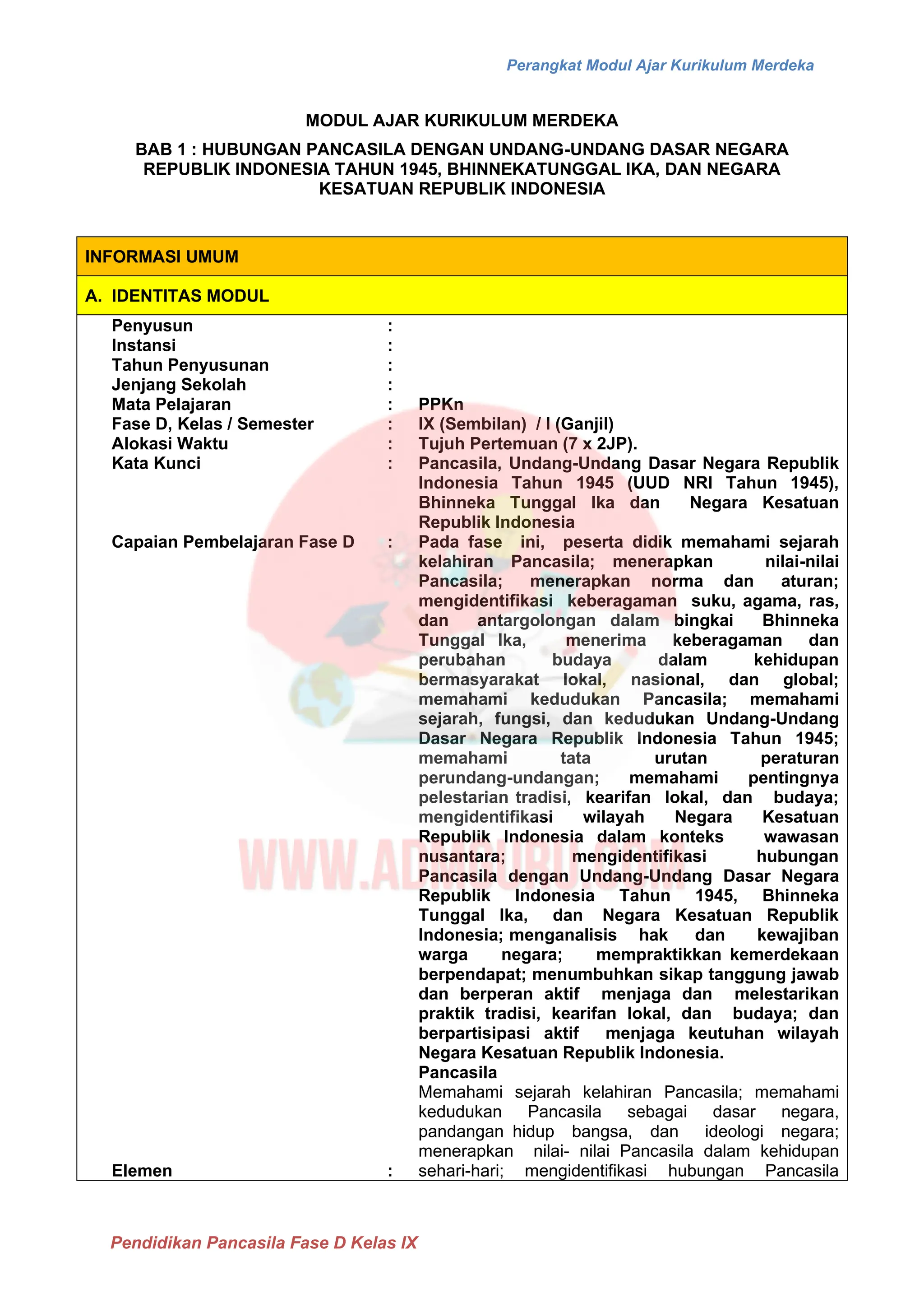 Modul Ajar PKN Kelas 9 Kurikulum Merdeka | PDF