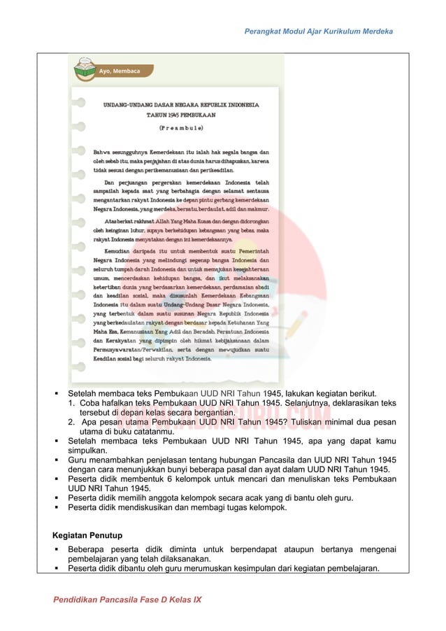 Modul Ajar PKN Kelas 9 Kurikulum Merdeka | PDF