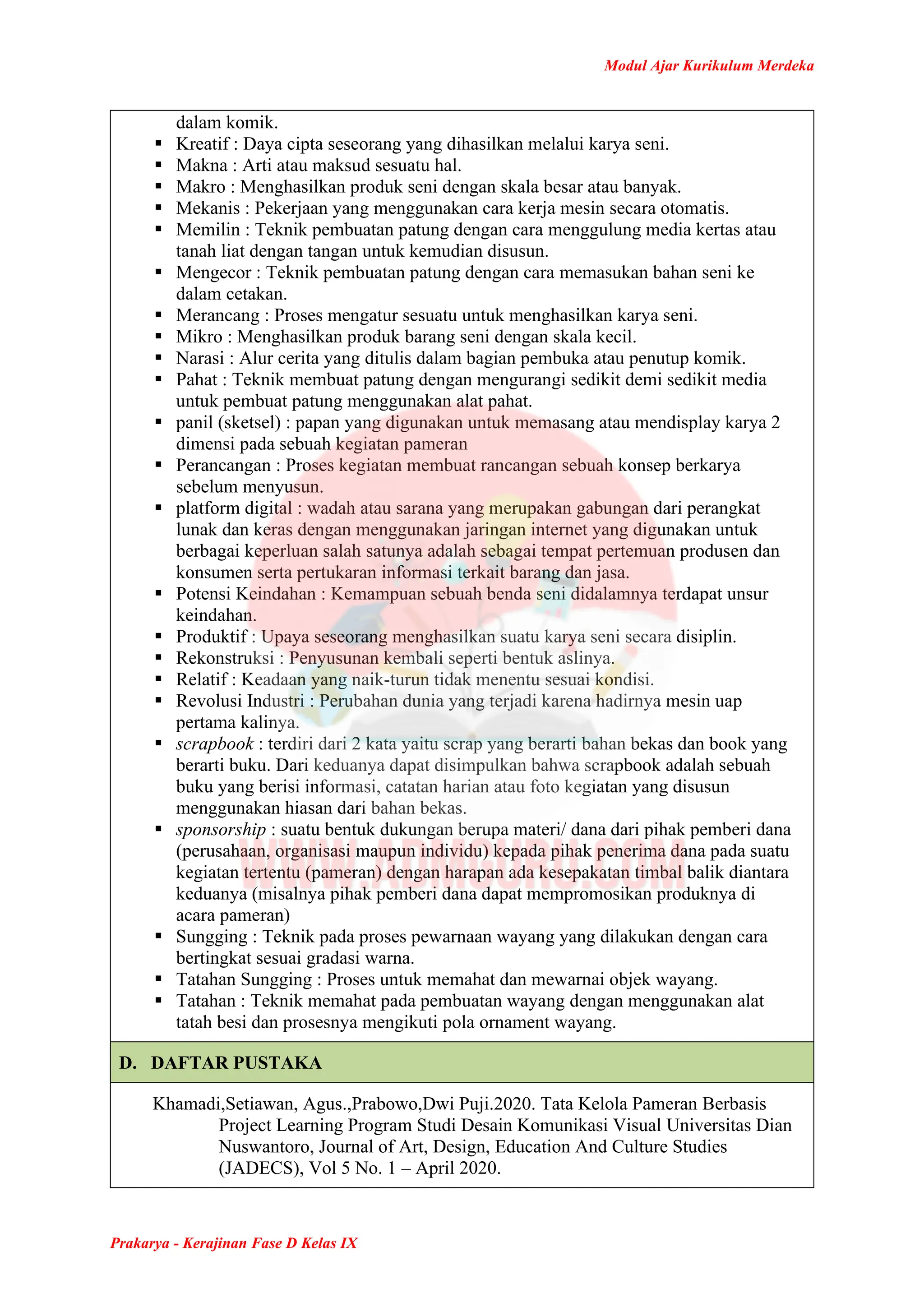 Modul Ajar Prakarya Kerajinan Kelas 9 Kurikulum Merdeka | PDF