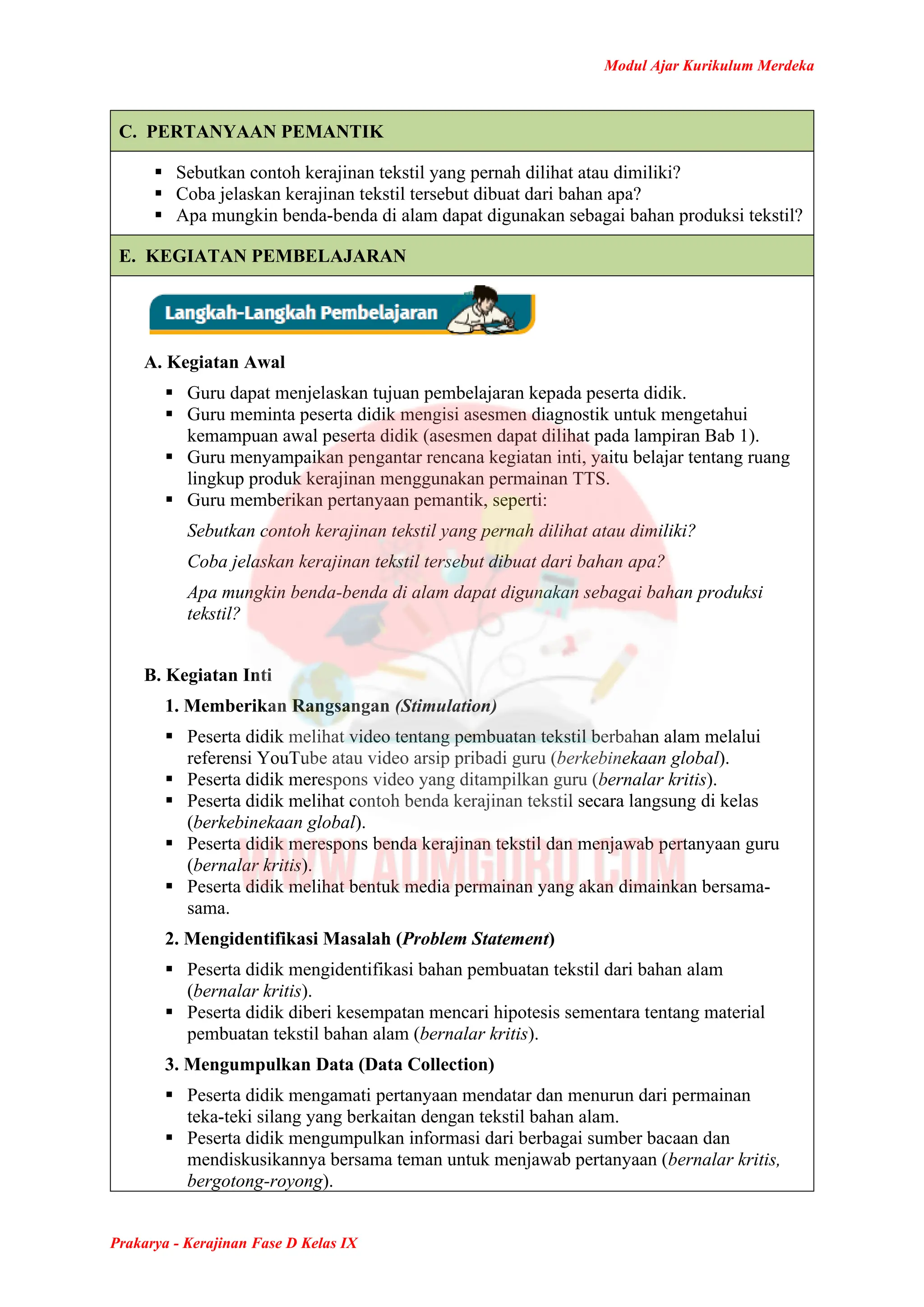 Modul Ajar Prakarya Kerajinan Kelas 9 Kurikulum Merdeka | PDF