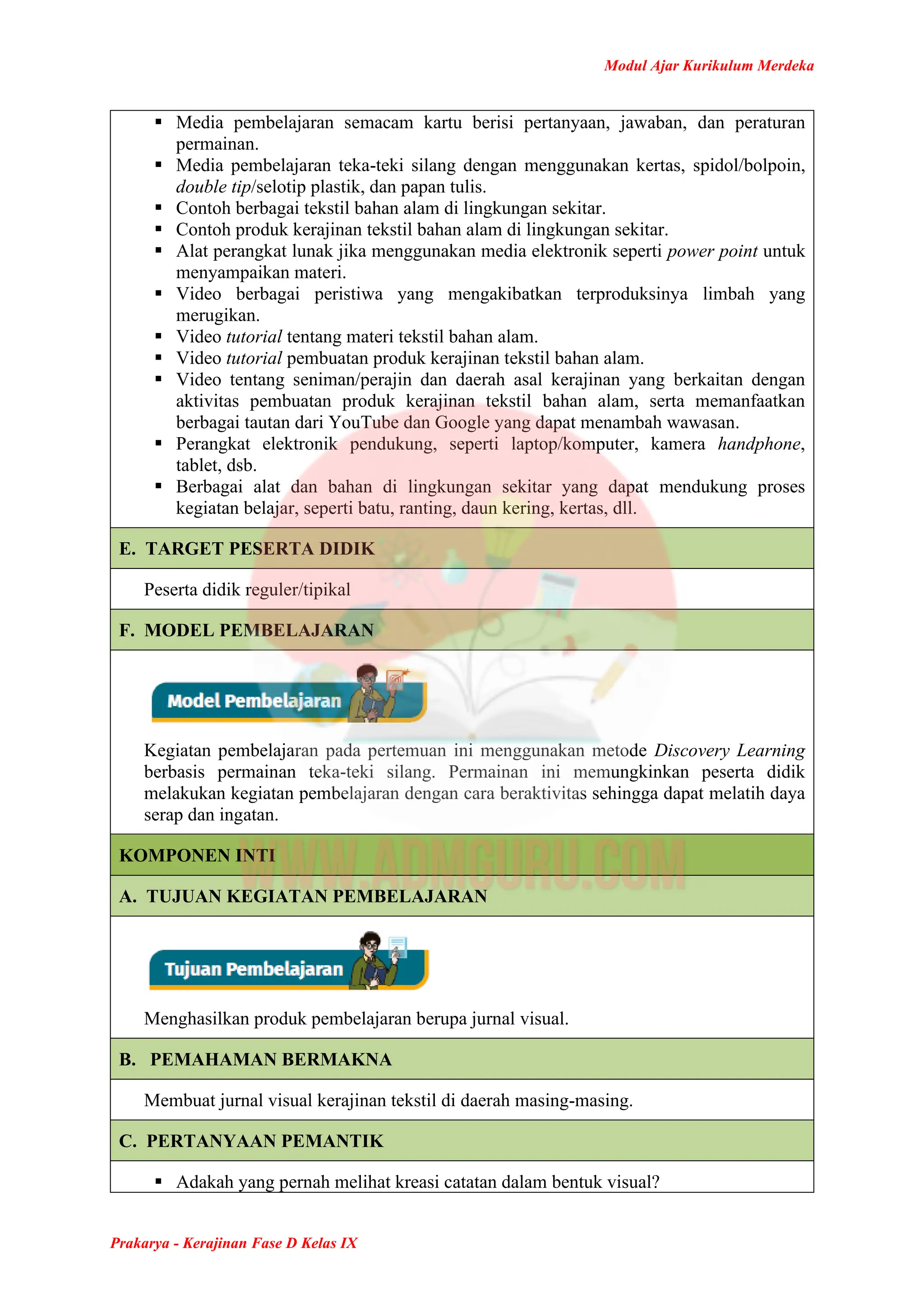 Modul Ajar Prakarya Kerajinan Kelas 9 Kurikulum Merdeka | PDF