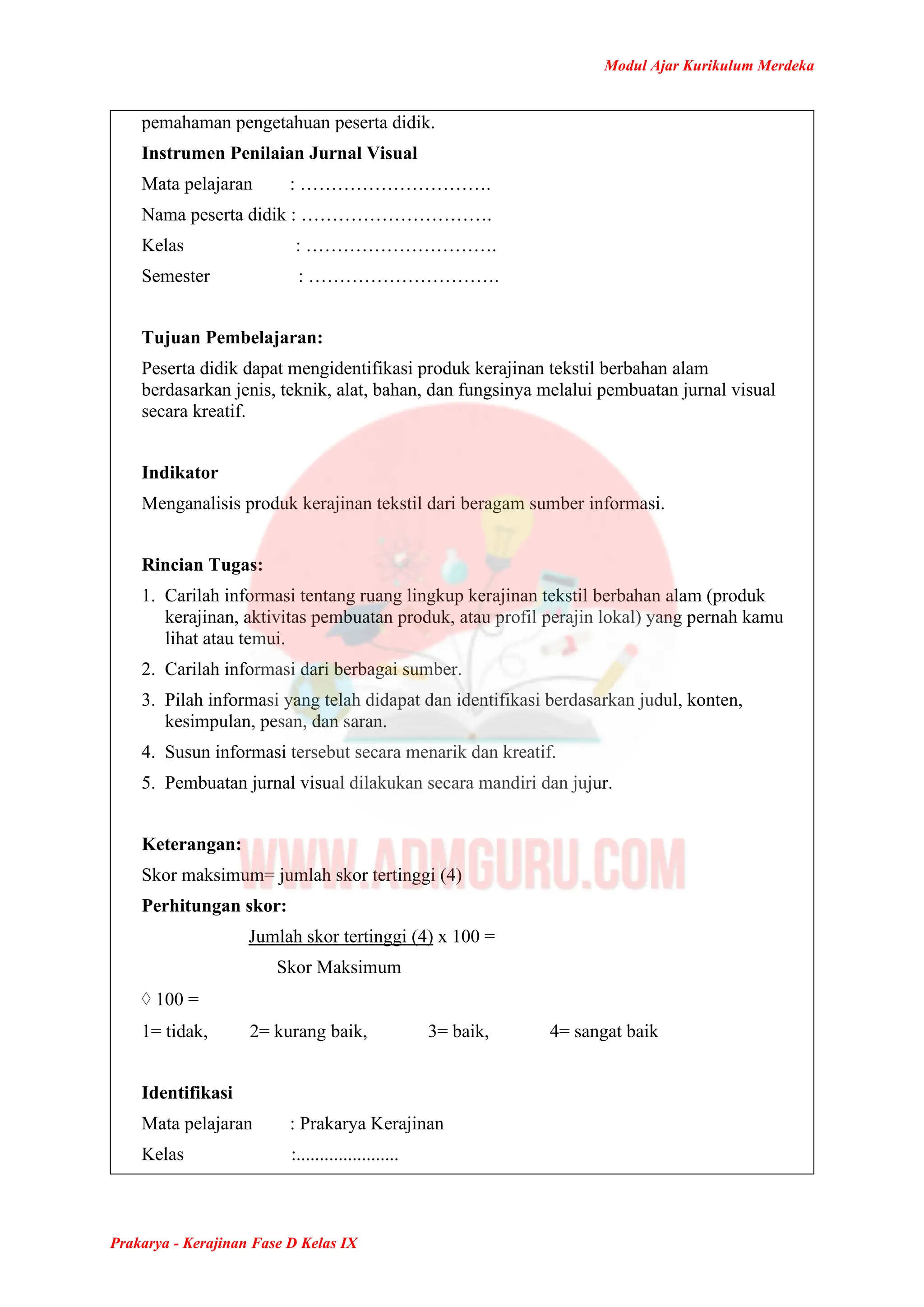Modul Ajar Prakarya Kerajinan Kelas 9 Kurikulum Merdeka | PDF