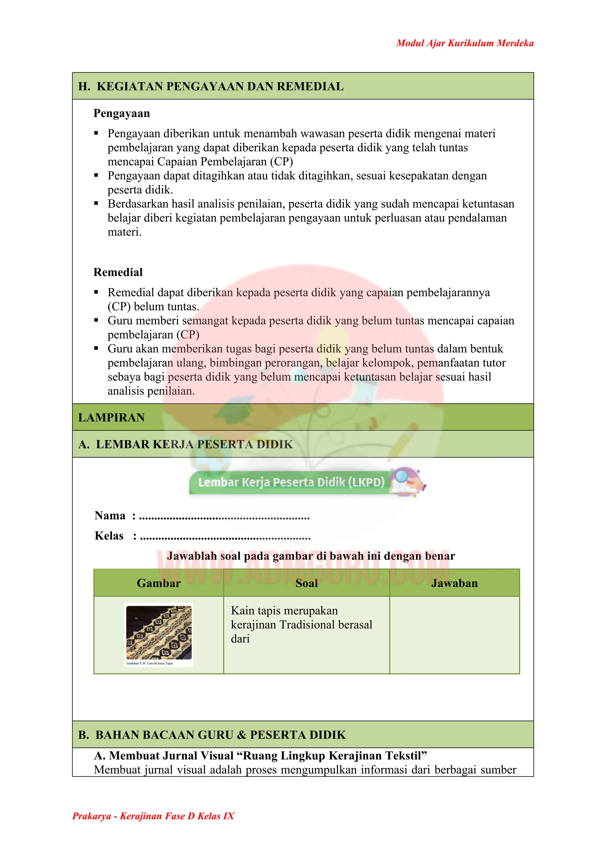 Modul Ajar Prakarya Kerajinan Kelas 9 Kurikulum Merdeka | PDF