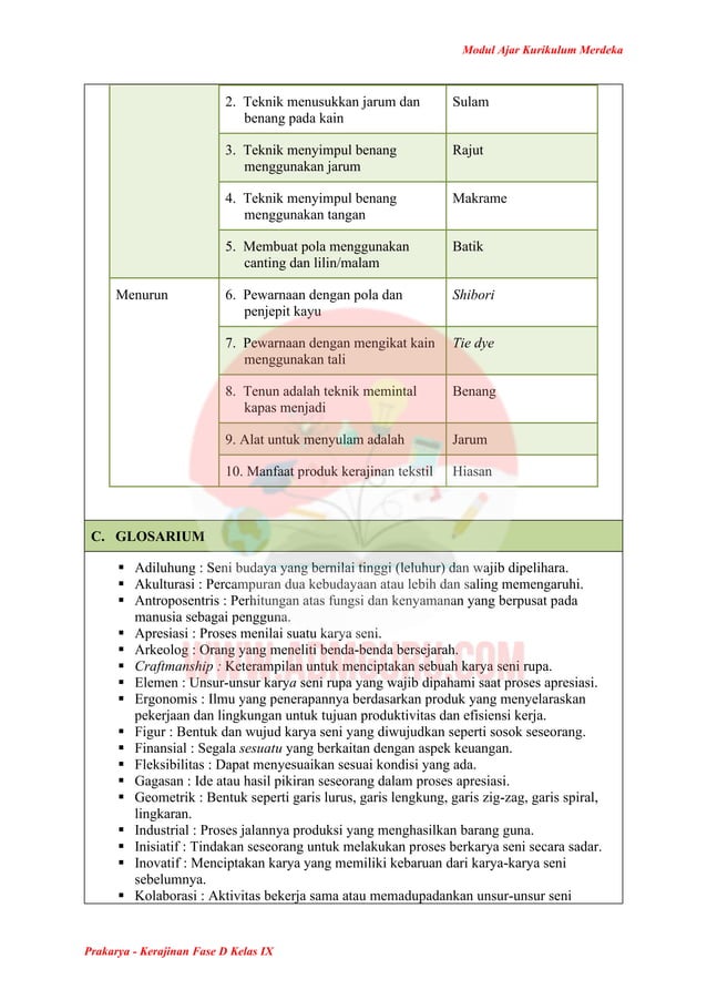 Modul Ajar Prakarya Kerajinan Kelas 9 Kurikulum Merdeka | PDF