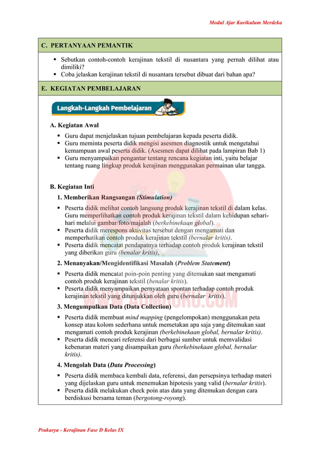 Modul Ajar Prakarya Kerajinan Kelas 9 Kurikulum Merdeka | PDF