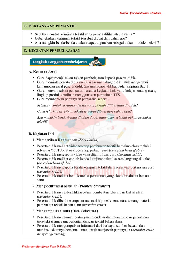 Modul Ajar Prakarya Kerajinan Kelas 9 Kurikulum Merdeka | PDF