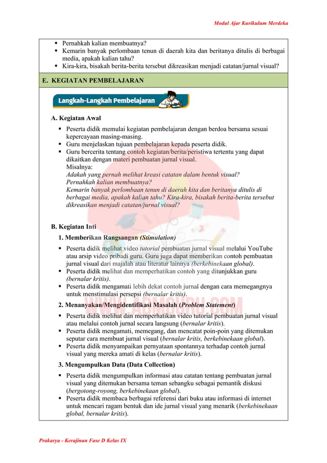 Modul Ajar Prakarya Kerajinan Kelas 9 Kurikulum Merdeka | PDF