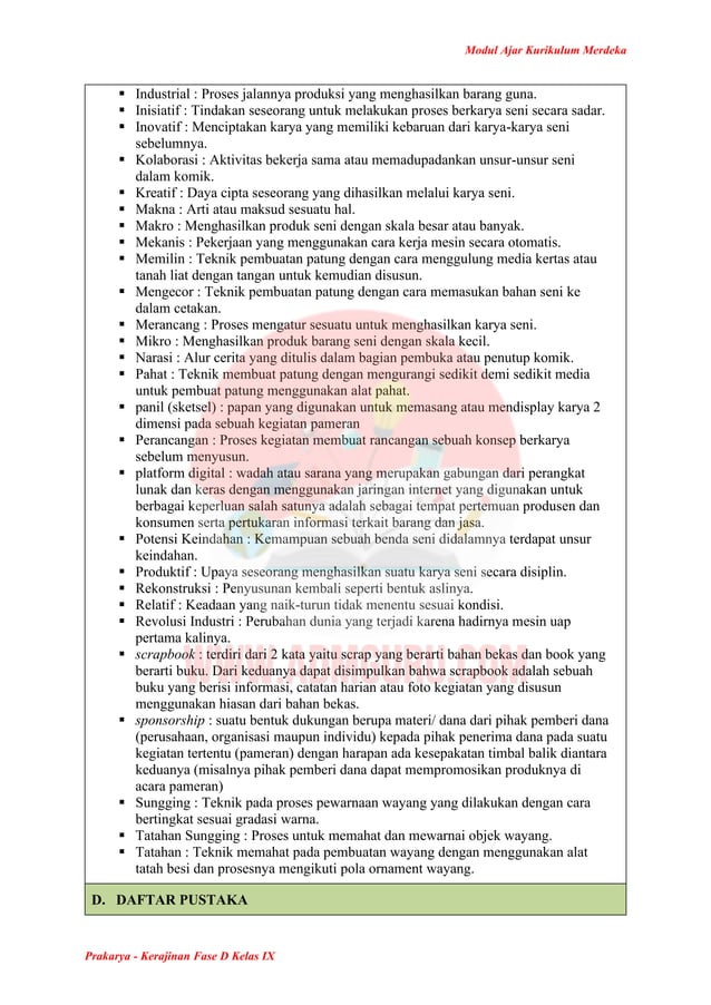 Modul Ajar Prakarya Kerajinan Kelas 9 Kurikulum Merdeka | PDF